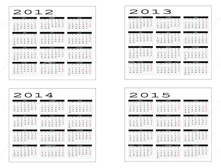 Calendar from 2012 to 2015 stock vector. Illustration of date - 20907359