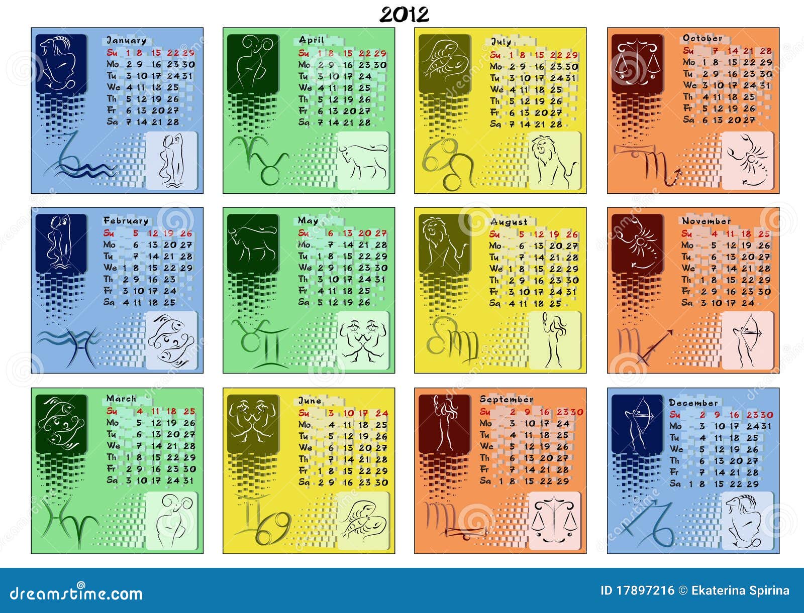 Calendar 2012 with Zodiac Signs Stock Vector - Illustration of bull ...