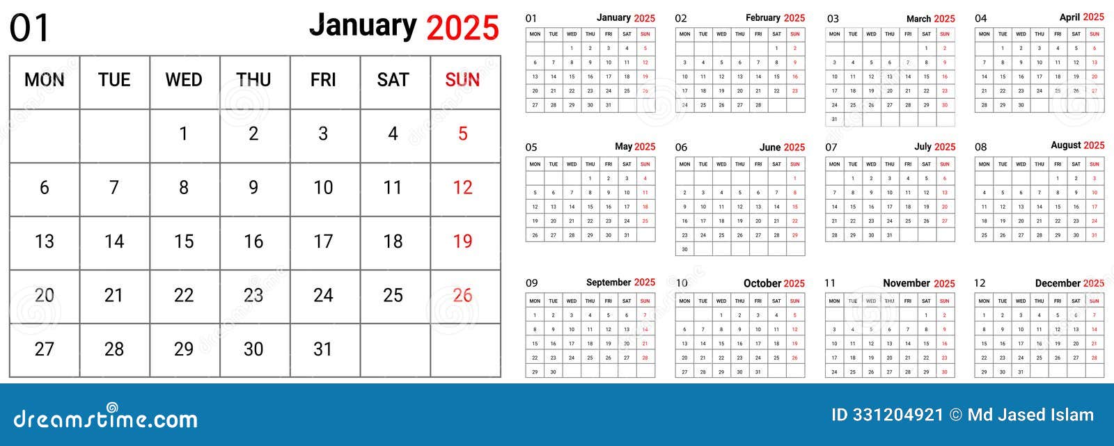 Calendar 2025 with White Background Vector Illustration Stock Vector ...