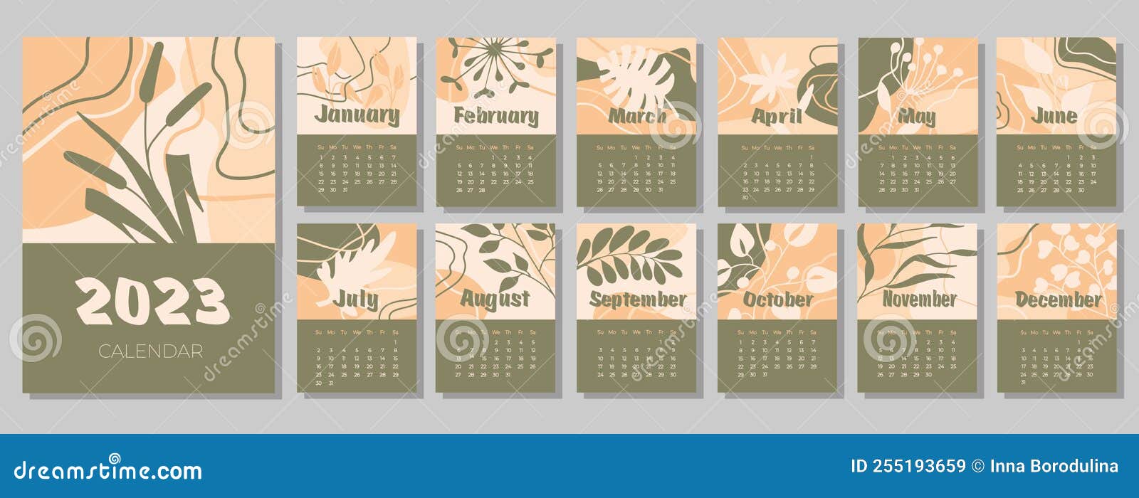 Calendar 2023 with Abstract Plants. Week Starts on Sunday Stock Vector ...