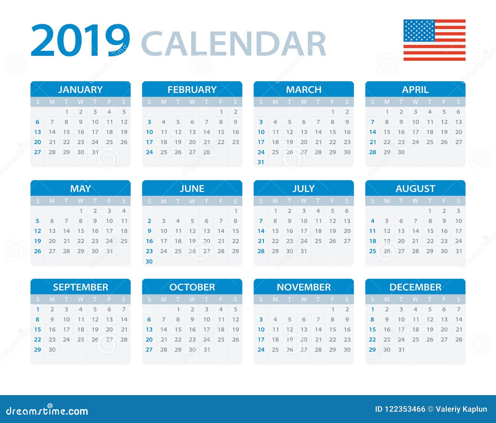 Calendar 2019 - American Version Stock Illustration - Illustration of ...