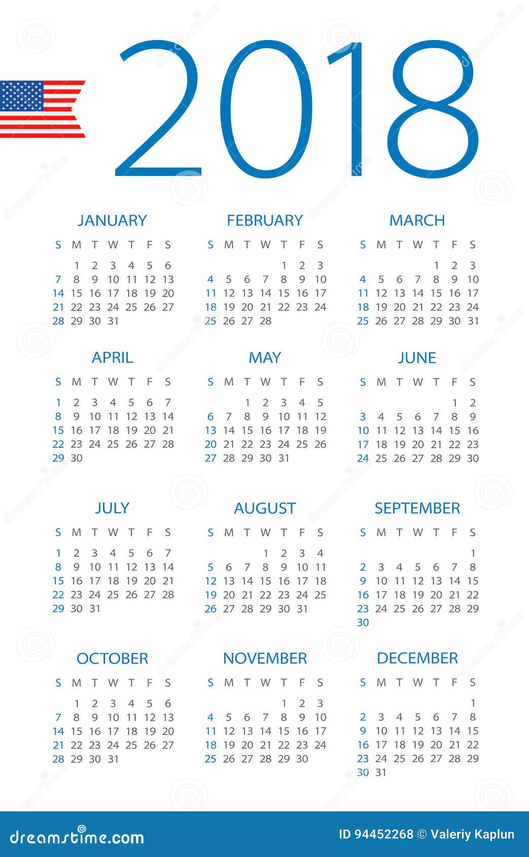 Calendar 2018 - American Version Stock Illustration - Illustration of ...