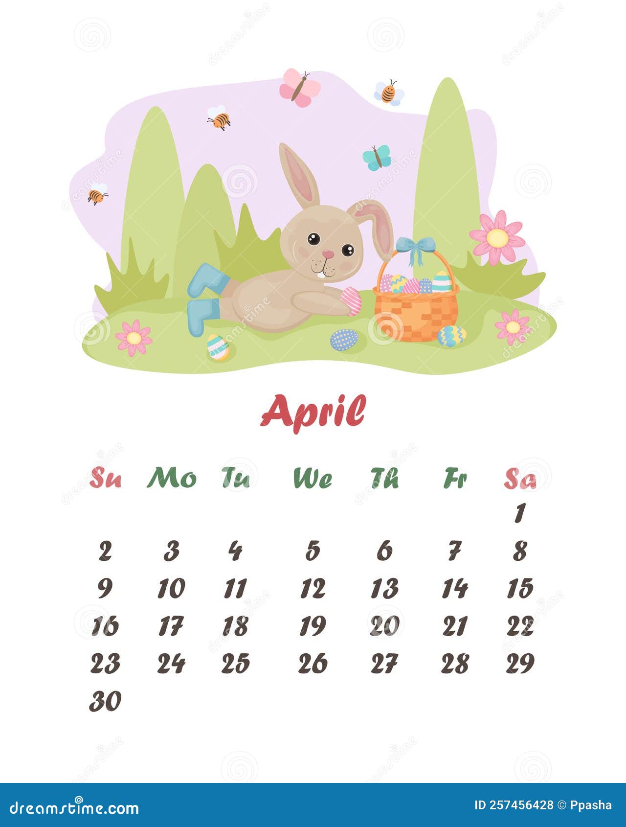 Calendar April. a Cute Rabbit is Lying with a Basket of Easter Eggs ...