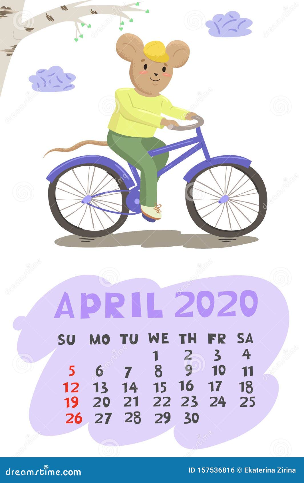 Calendar for April 2020 with a Mouse on a Bicycle. Vector Graphics ...