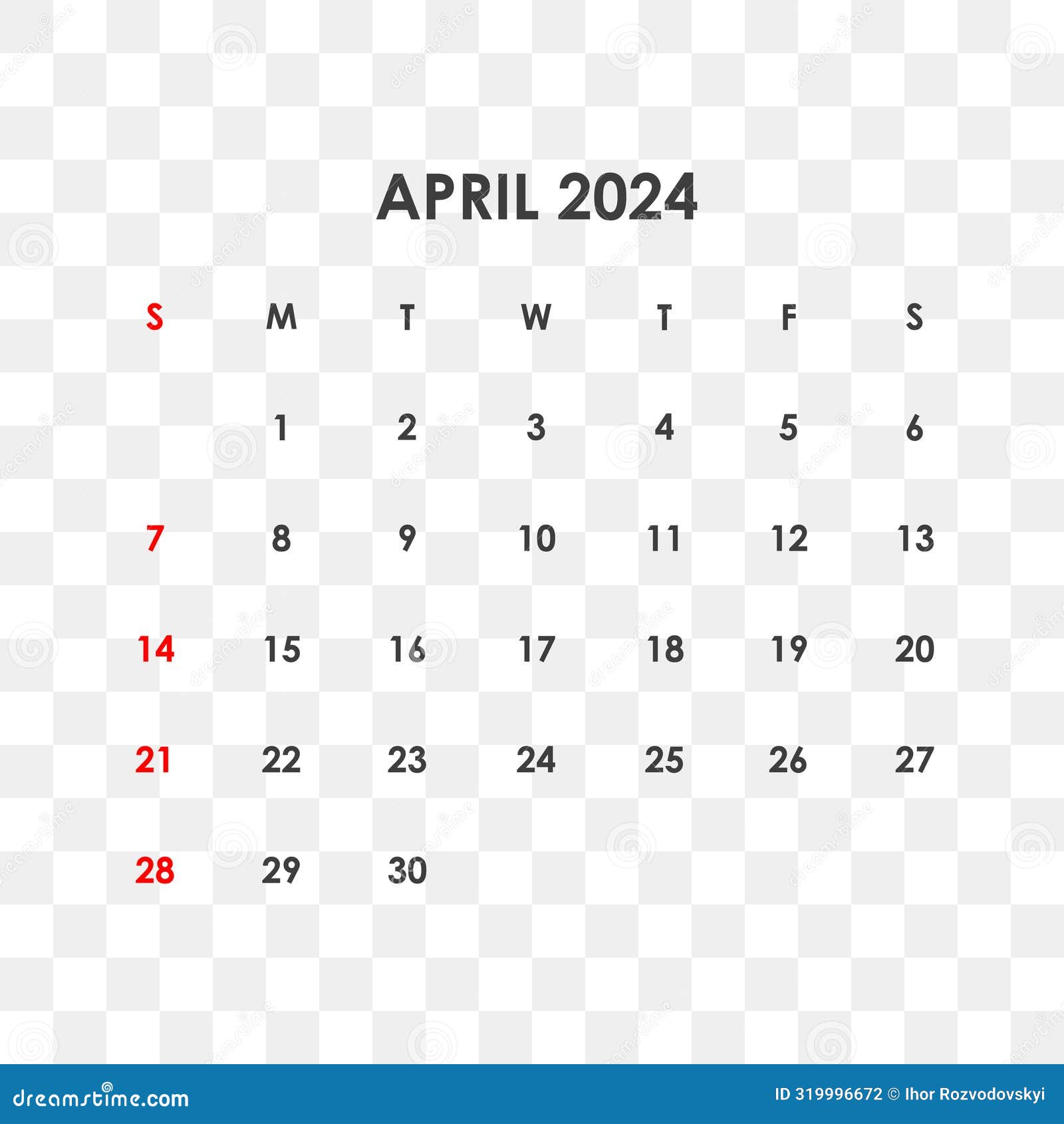 Calendar for April 2024. the Week Starts on Sunday Stock Illustration ...