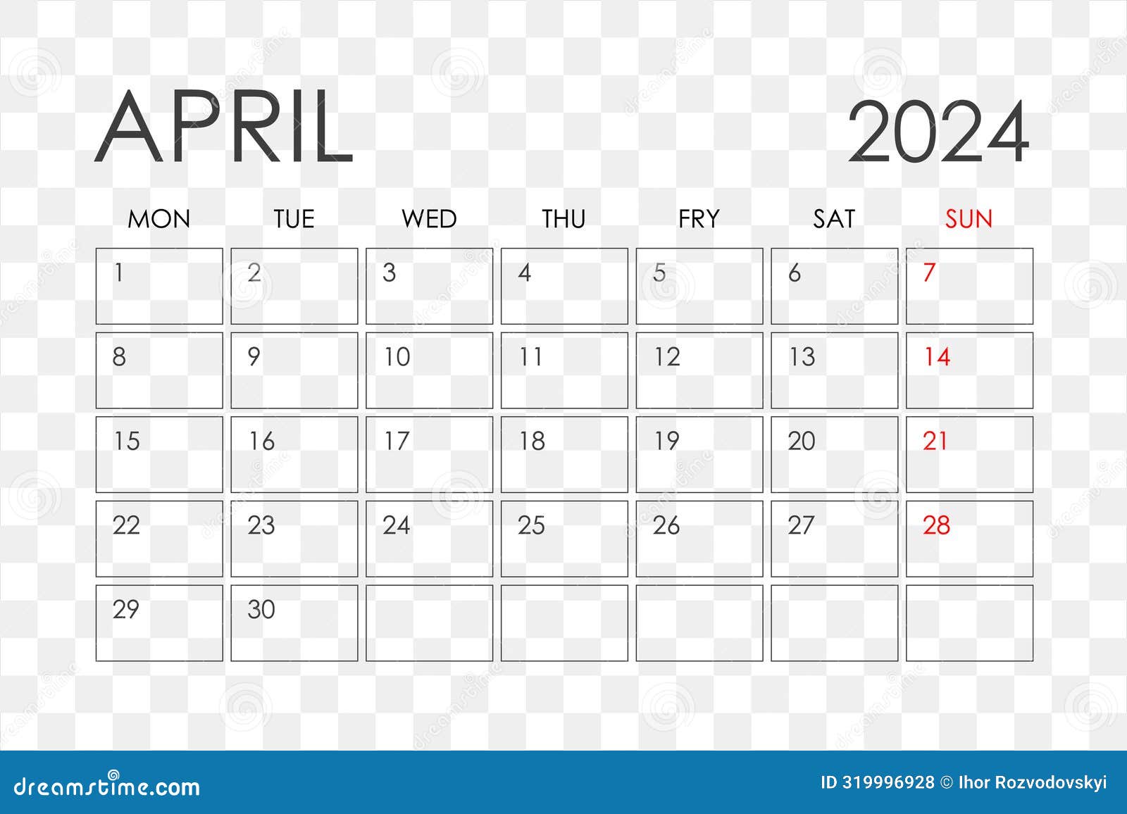 Calendar for April 2024. the Week Starts on Sunday Stock Illustration ...
