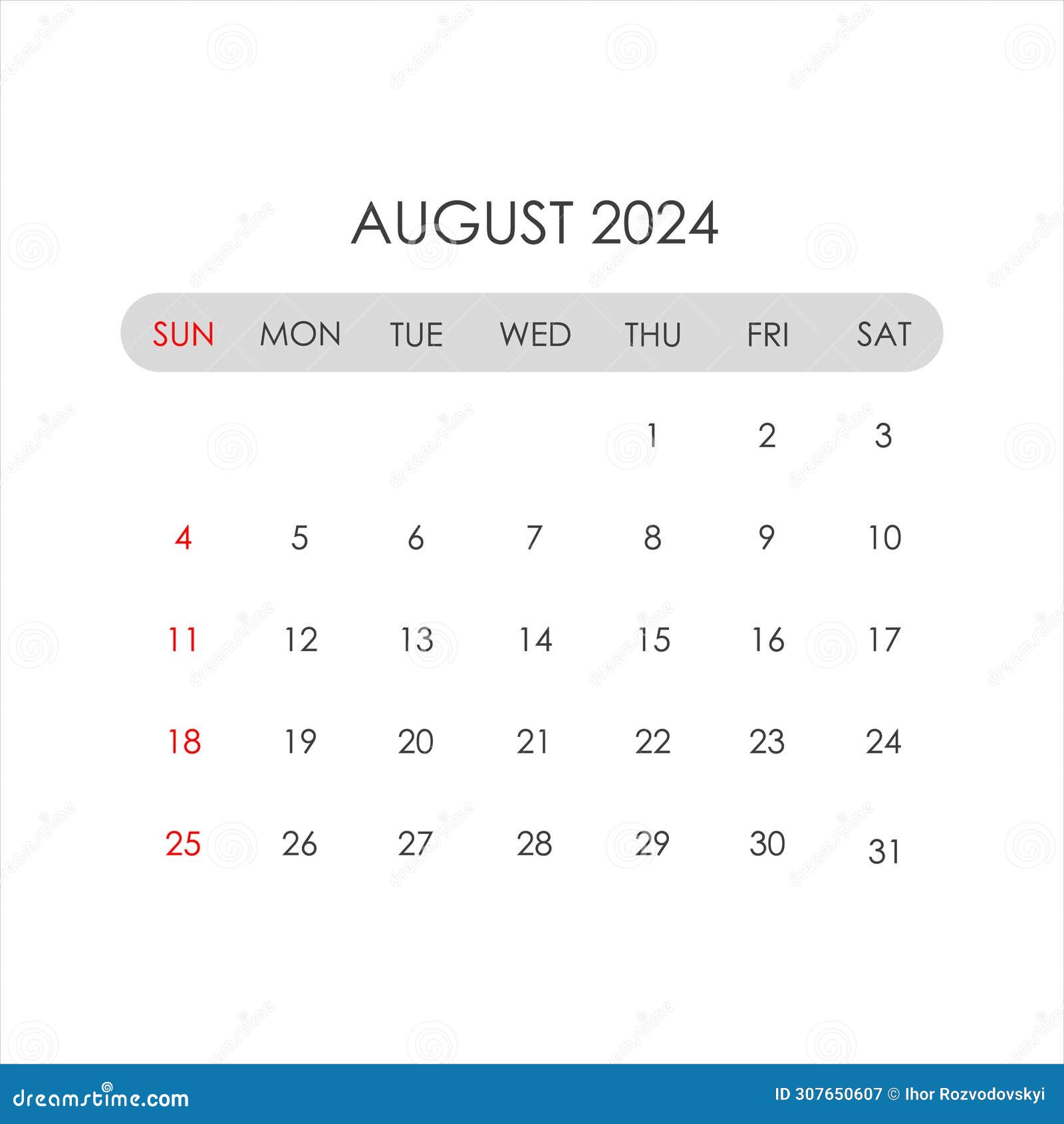 Calendar for August 2024. the Week Starts on Sunday. Stock Vector ...