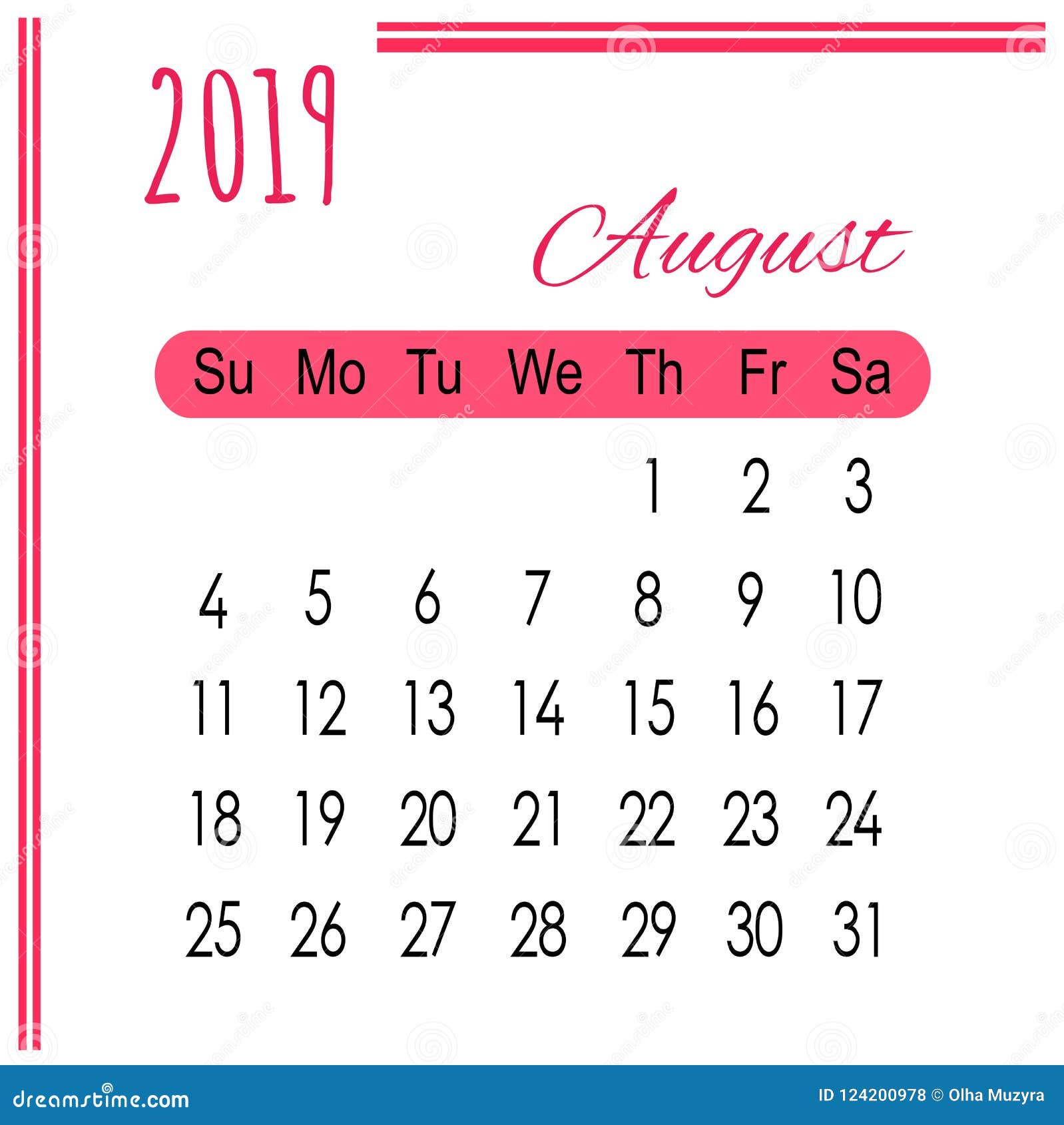 Calendar August 2019 on White Background Stock Vector - Illustration of ...
