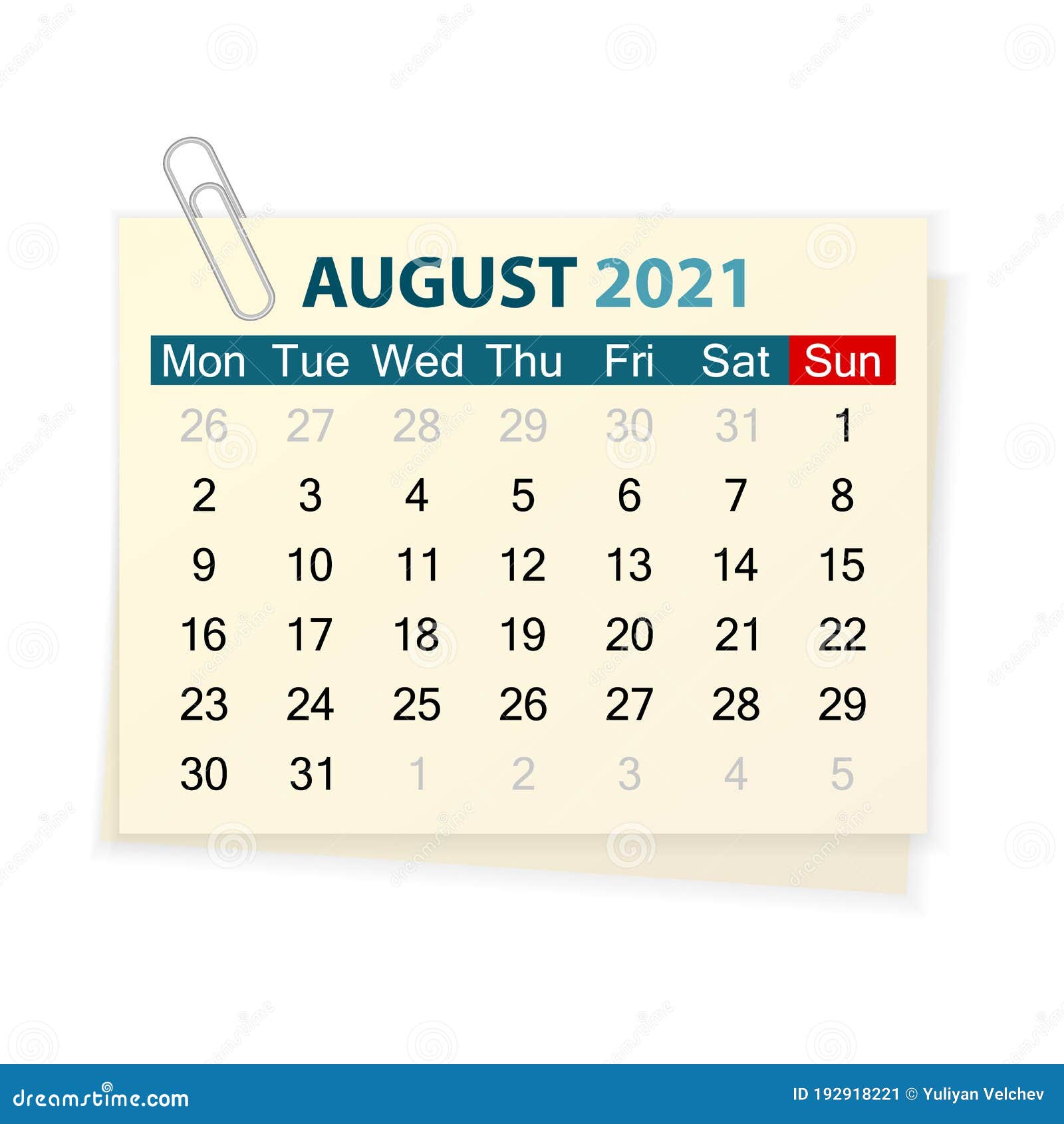 August 2021. Calendar Page On White Isolated Background, Full Month ...