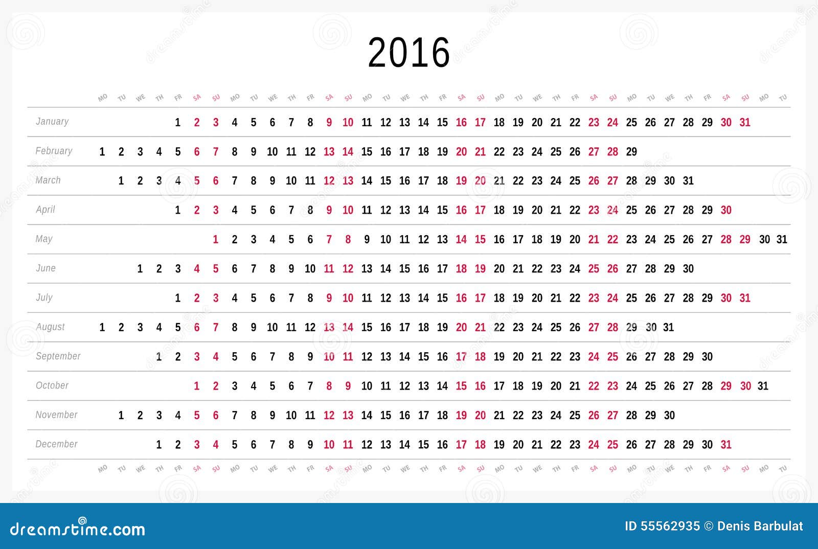 Calendar 2016 stock vector. Illustration of week, time - 55562935