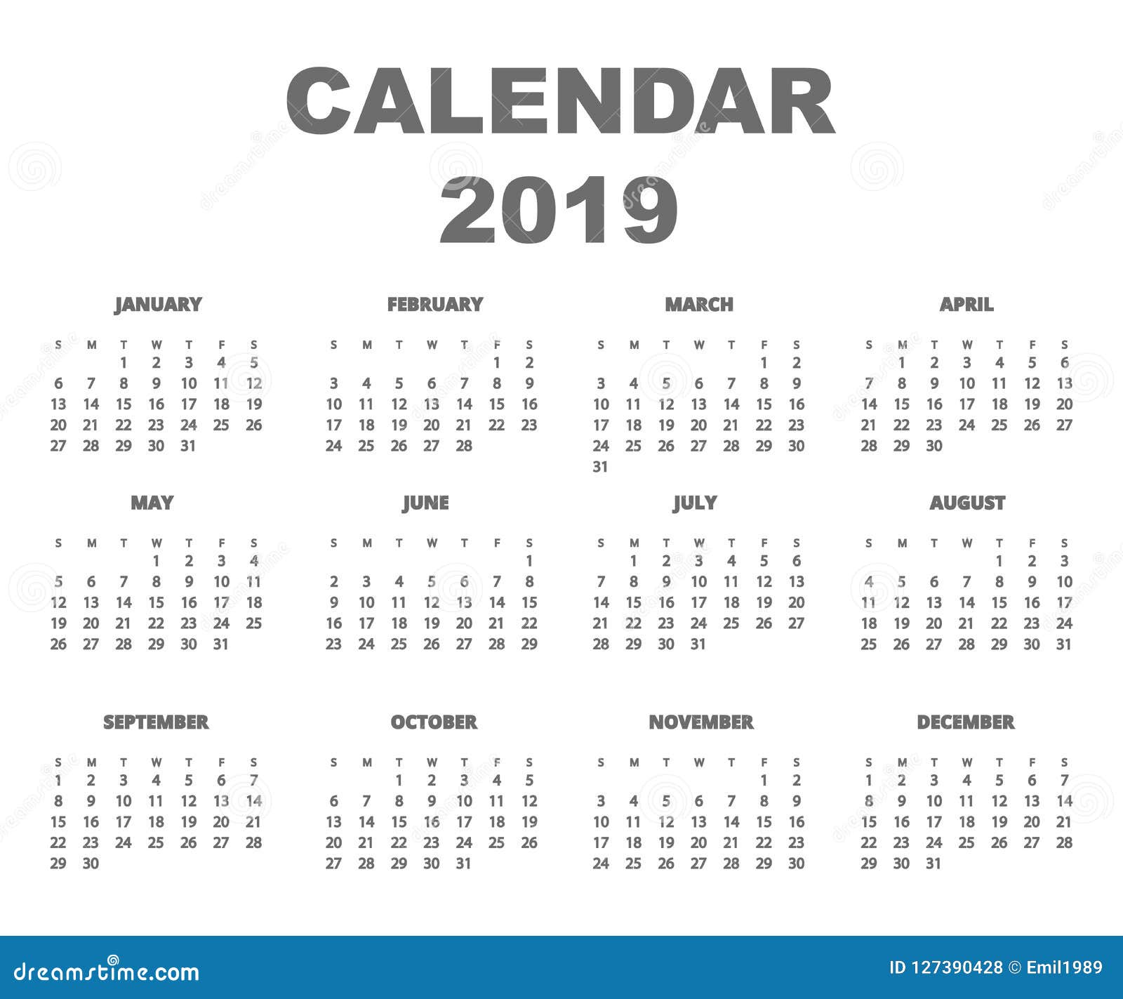 Calendar 2019 back stock illustration. Illustration of diary - 127390428
