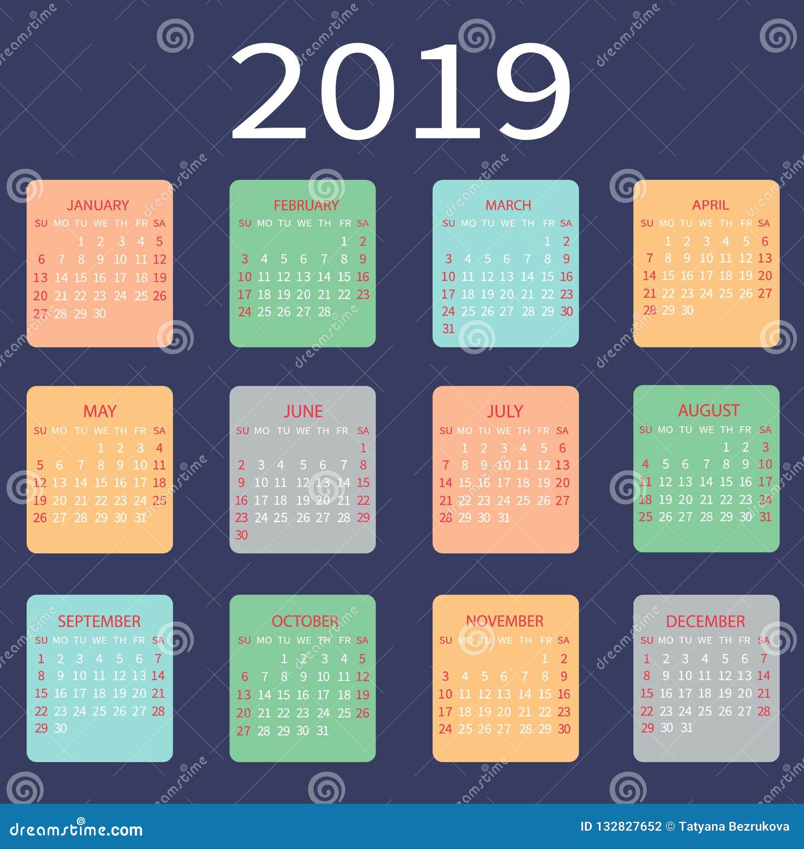 Calendar 2019 Basic Grid. Simple Design Template. Vector Illustration ...