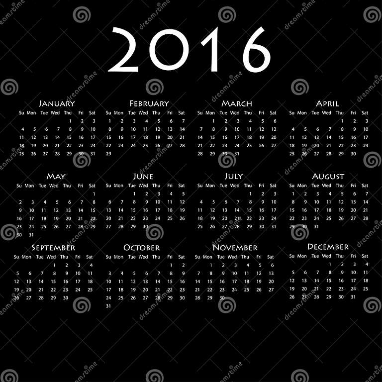 Calendar for 2016 on Black Background. Stock Illustration ...