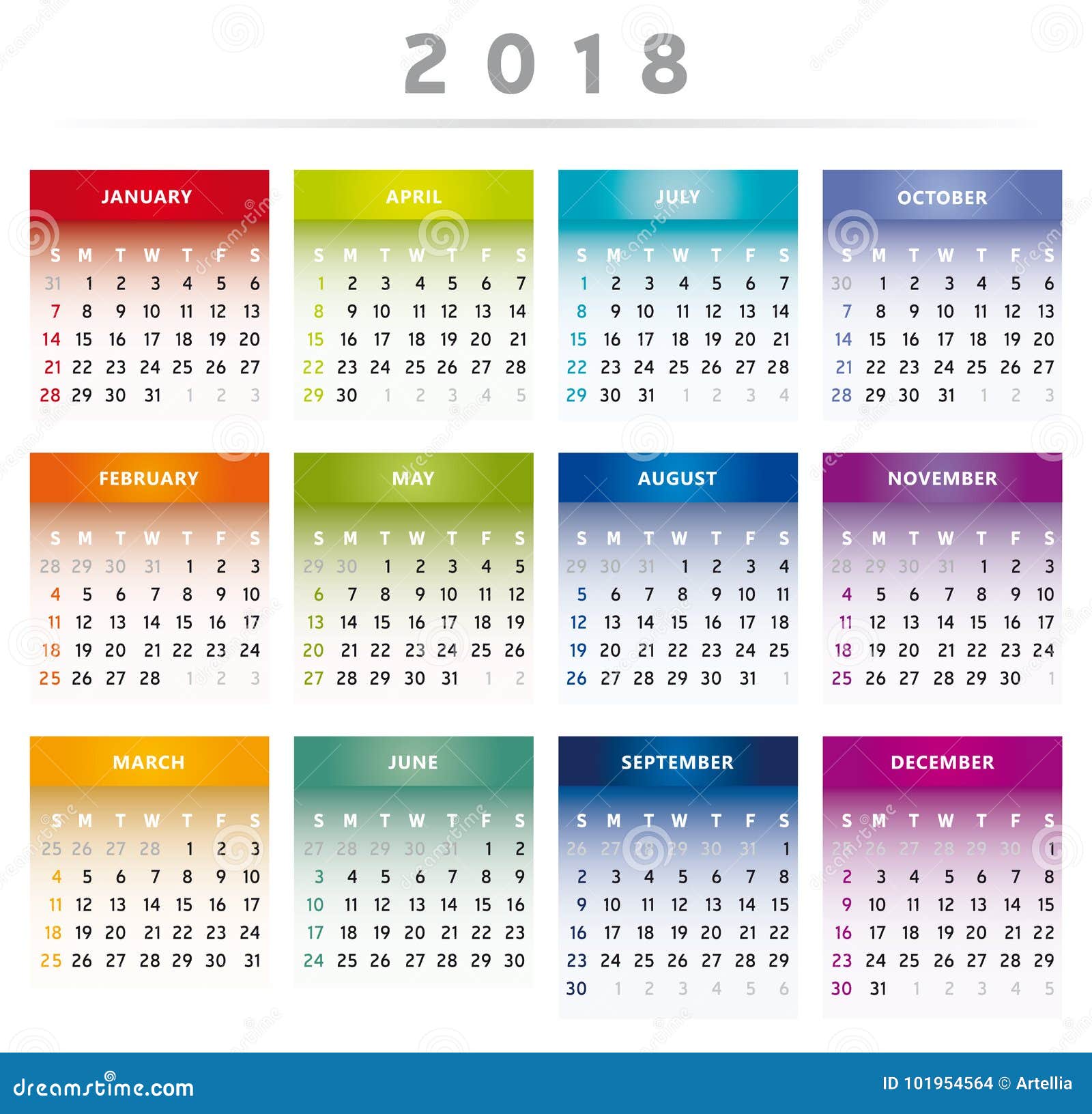 2018 Calendar with Boxes in Rainbow Colors 4 Columns - English Stock ...