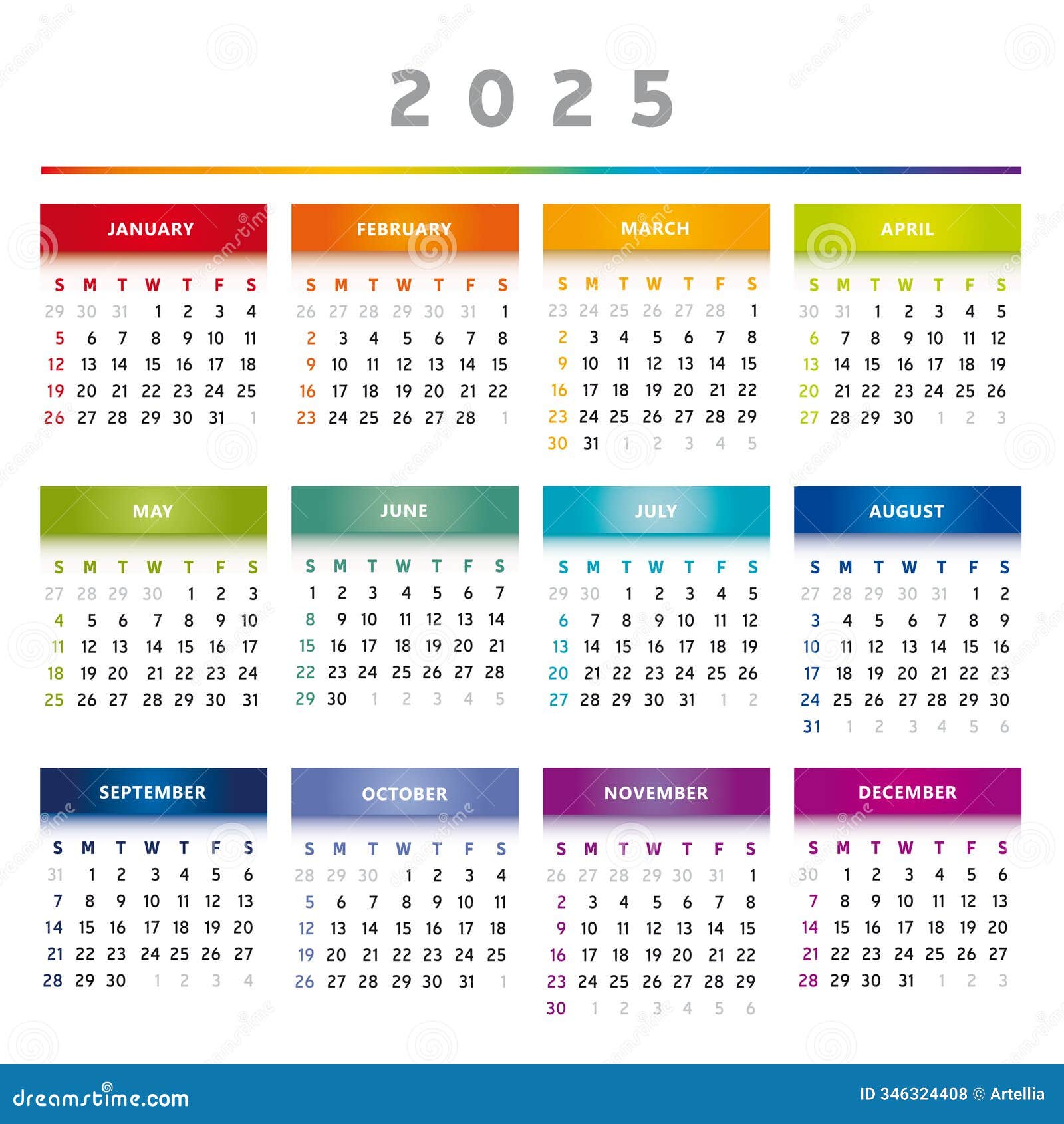 2025 Calendar with Boxes in Rainbow Colors 4 Columns - English Stock ...