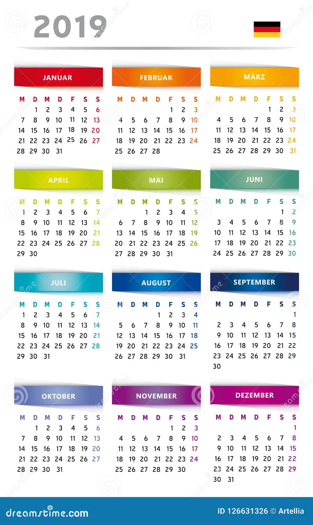 2019 Calendar with Boxes in Rainbow Colors 4 Trimesters - 3 Columns ...