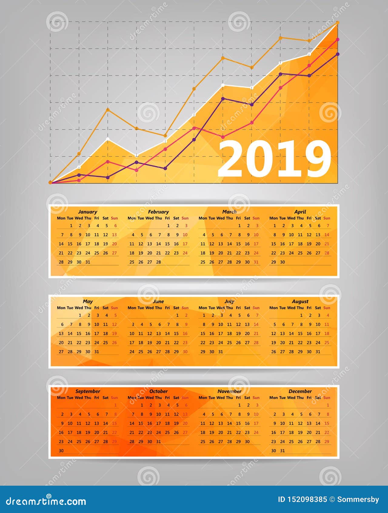 2019 Calendar with Business Statistics Chart Showing Different Growing ...