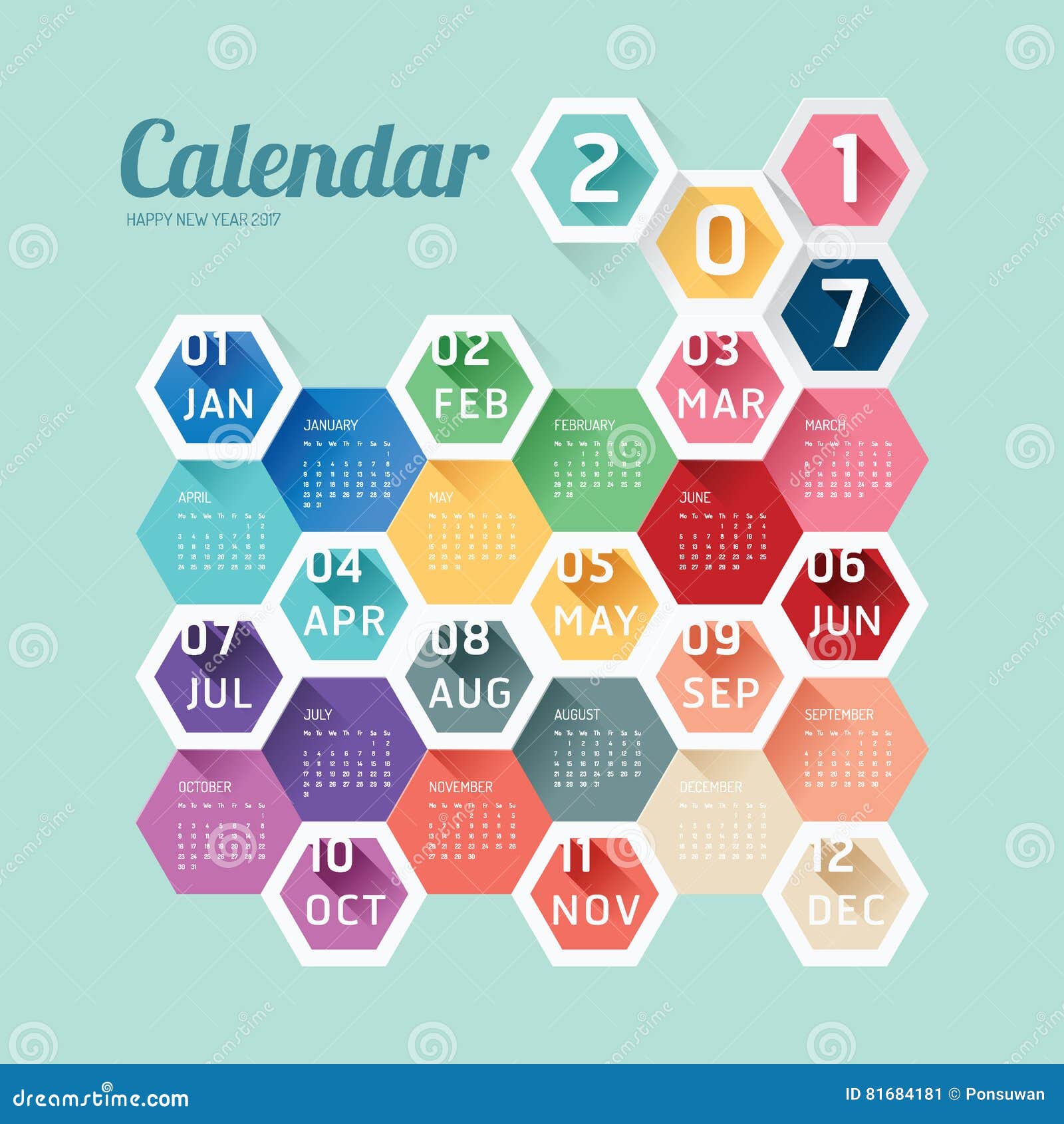 2017 Calendar Calendar Vector Hexagon Geometric Modern Design. Stock ...