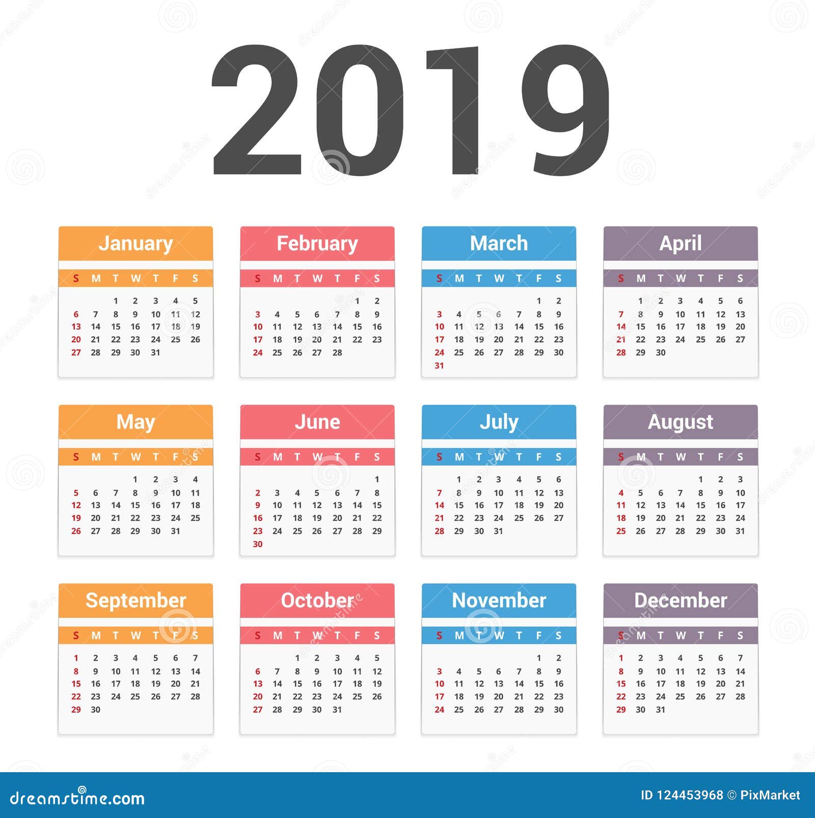 2019 Calendar stock vector. Illustration of layout, calendar - 124453968