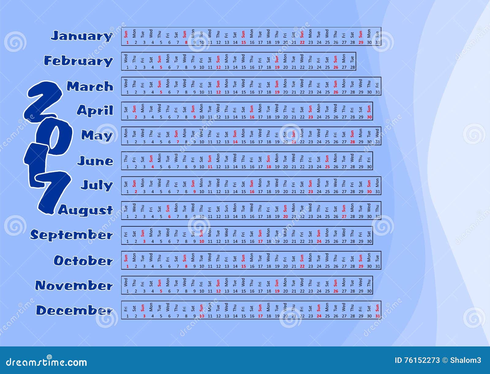 Calendar 2017, Calendarium in Horizontal Strips, Blue Abstract ...