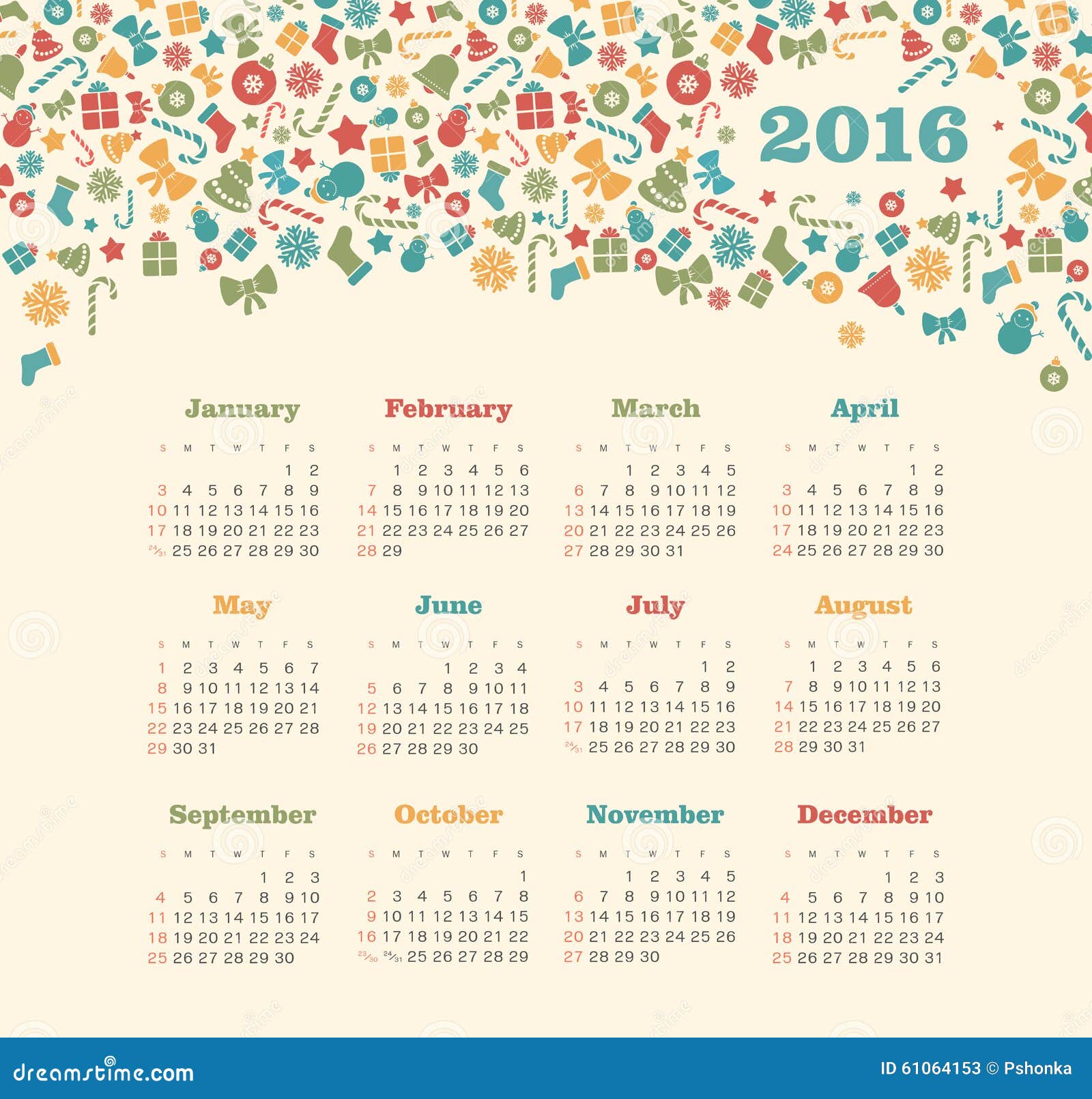 Calendar for 2016 with Christmas Pattern Stock Vector - Illustration of ...