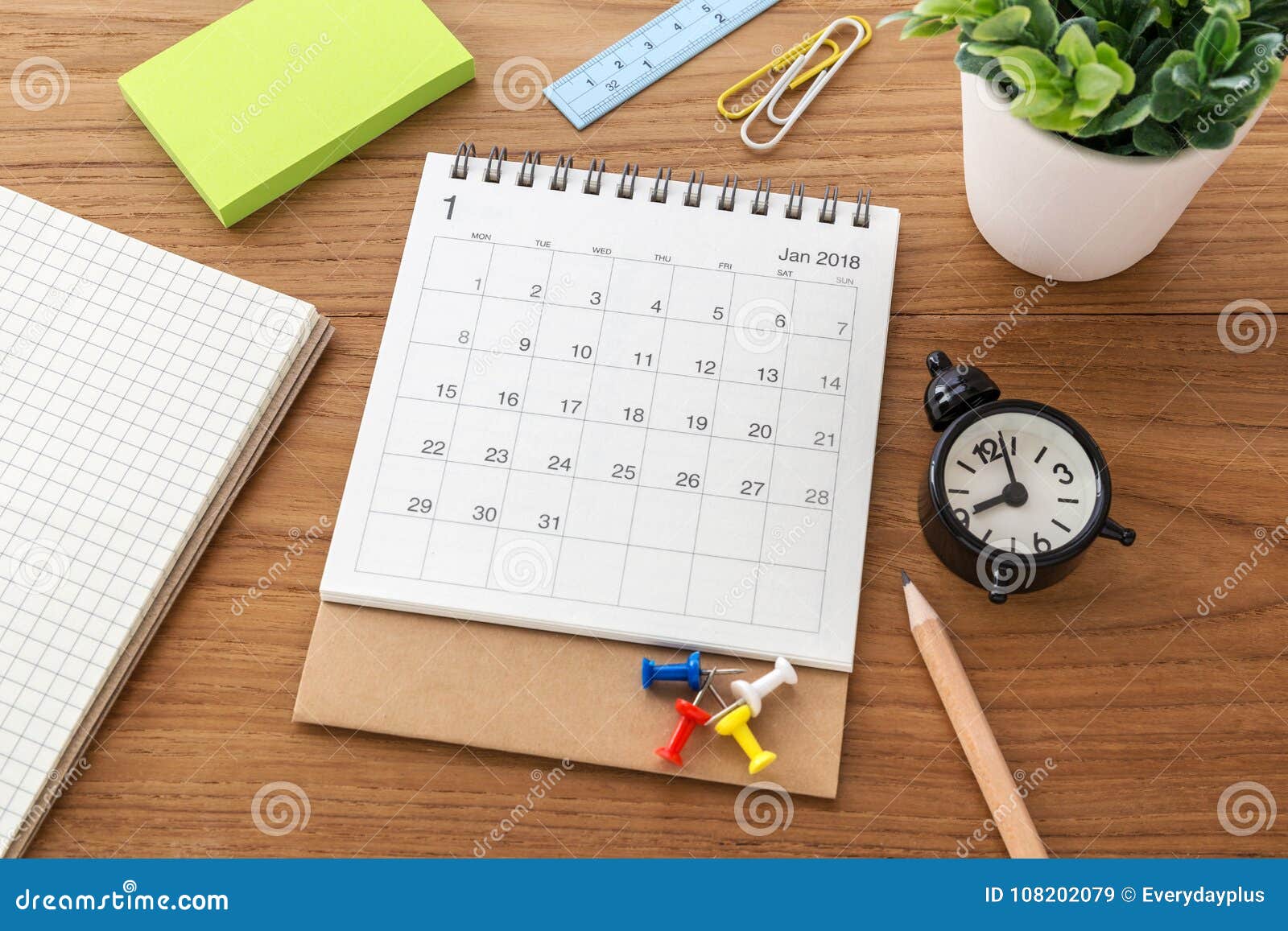 Calendar with Clock on Table Stock Image - Image of wooden, upcoming ...