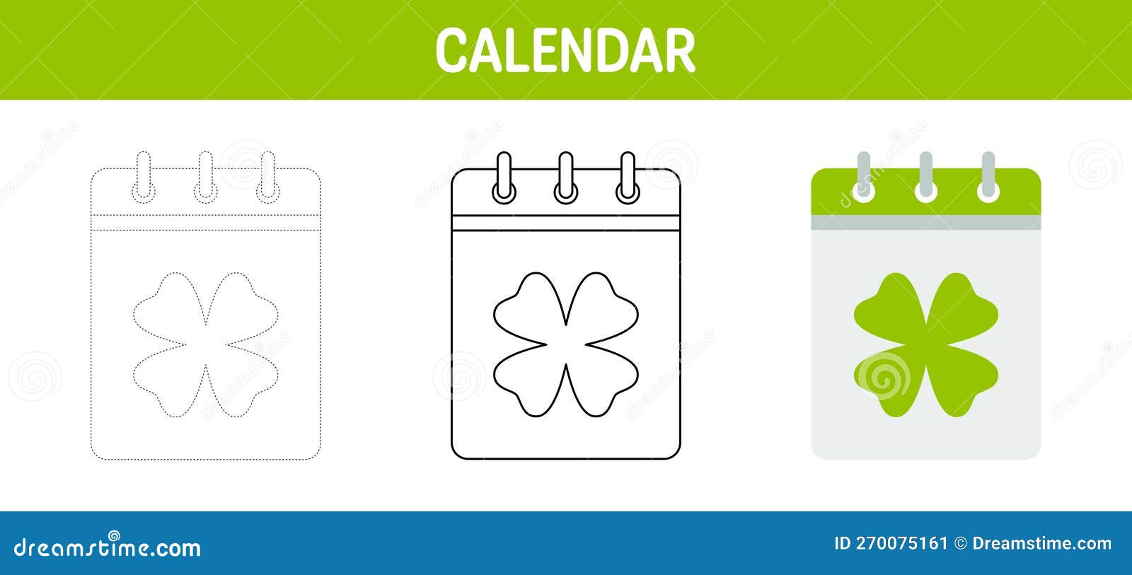 Calendar with Clover Tracing and Coloring Worksheet for Kids Stock ...