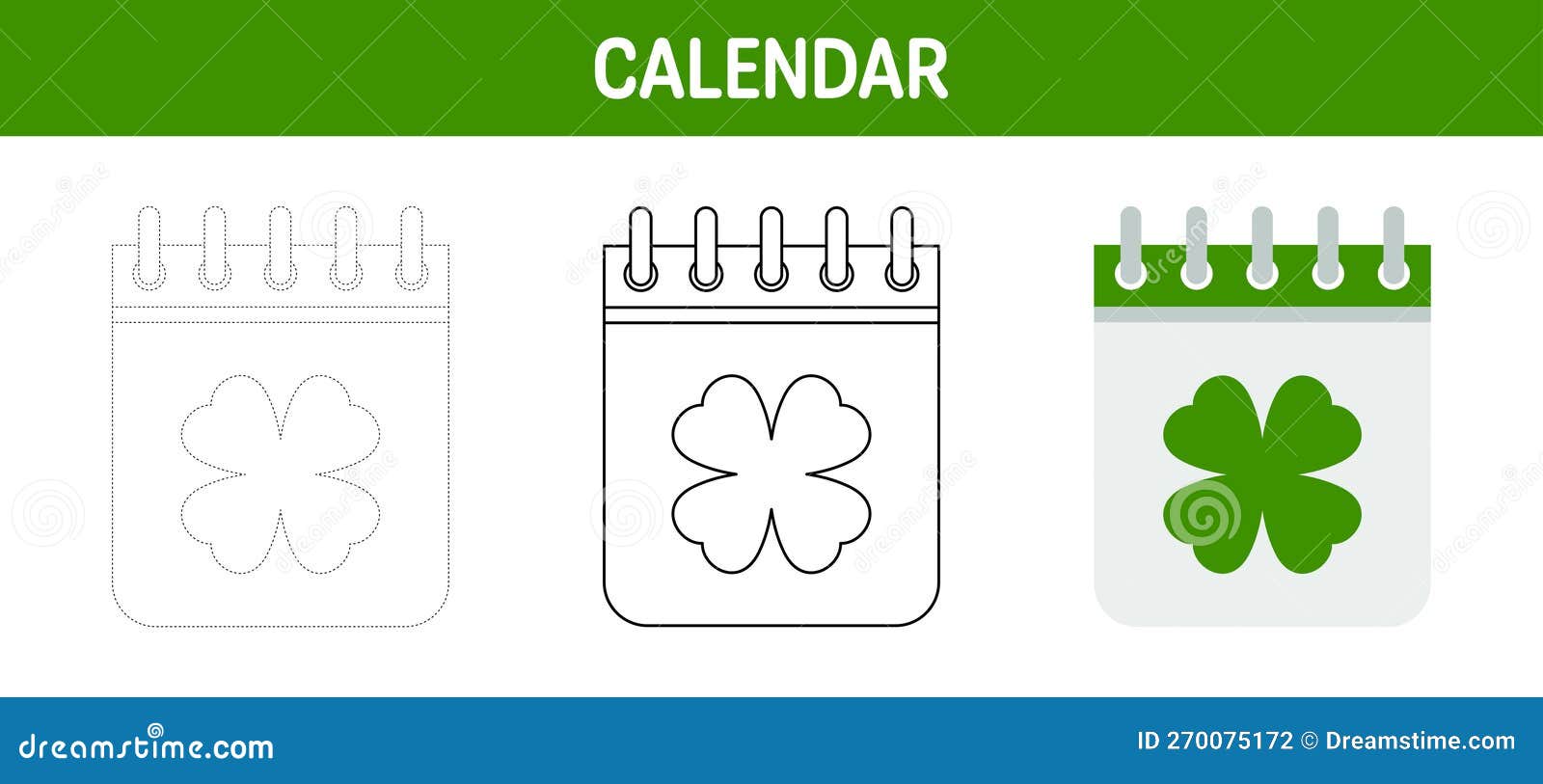 Calendar with Clover Tracing and Coloring Worksheet for Kids Stock ...