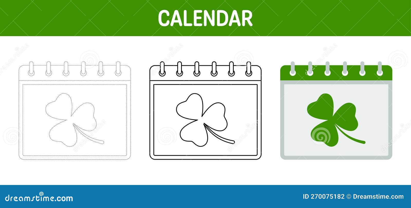 Calendar with Clover Tracing and Coloring Worksheet for Kids Stock ...