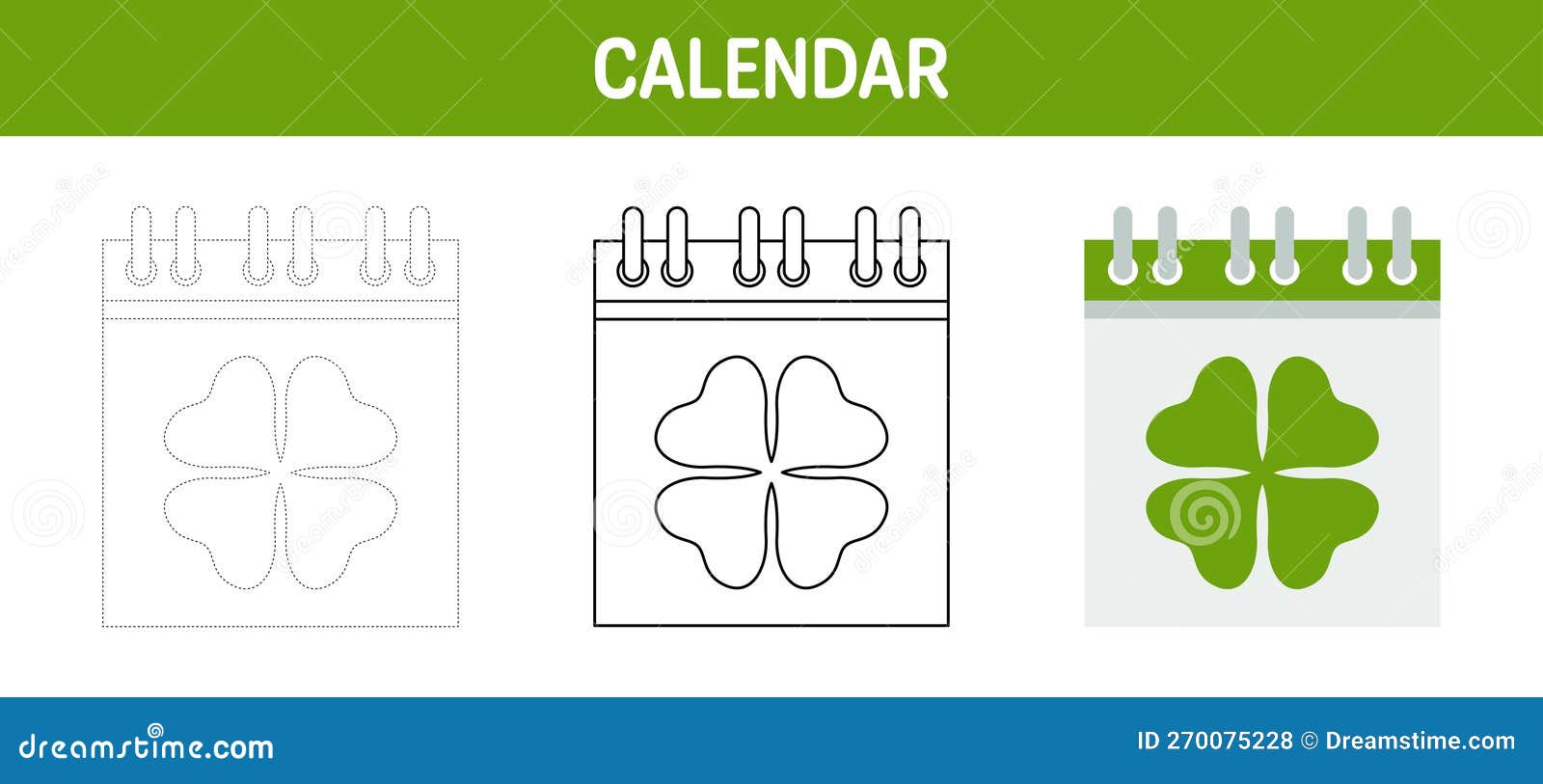 Calendar with Clover Tracing and Coloring Worksheet for Kids Stock ...