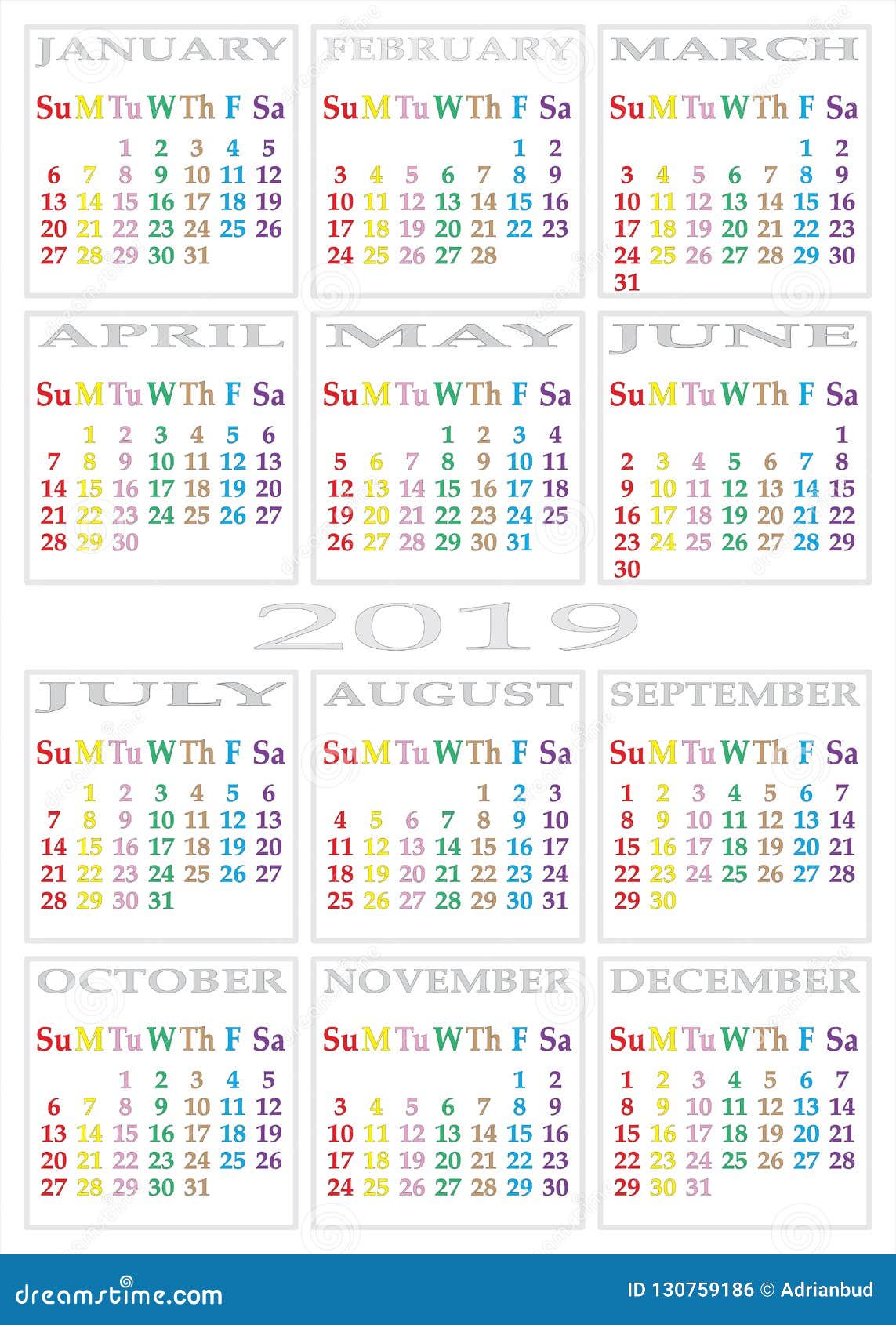 CALENDAR 2019 Color Days of the Week Stock Vector - Illustration of ...