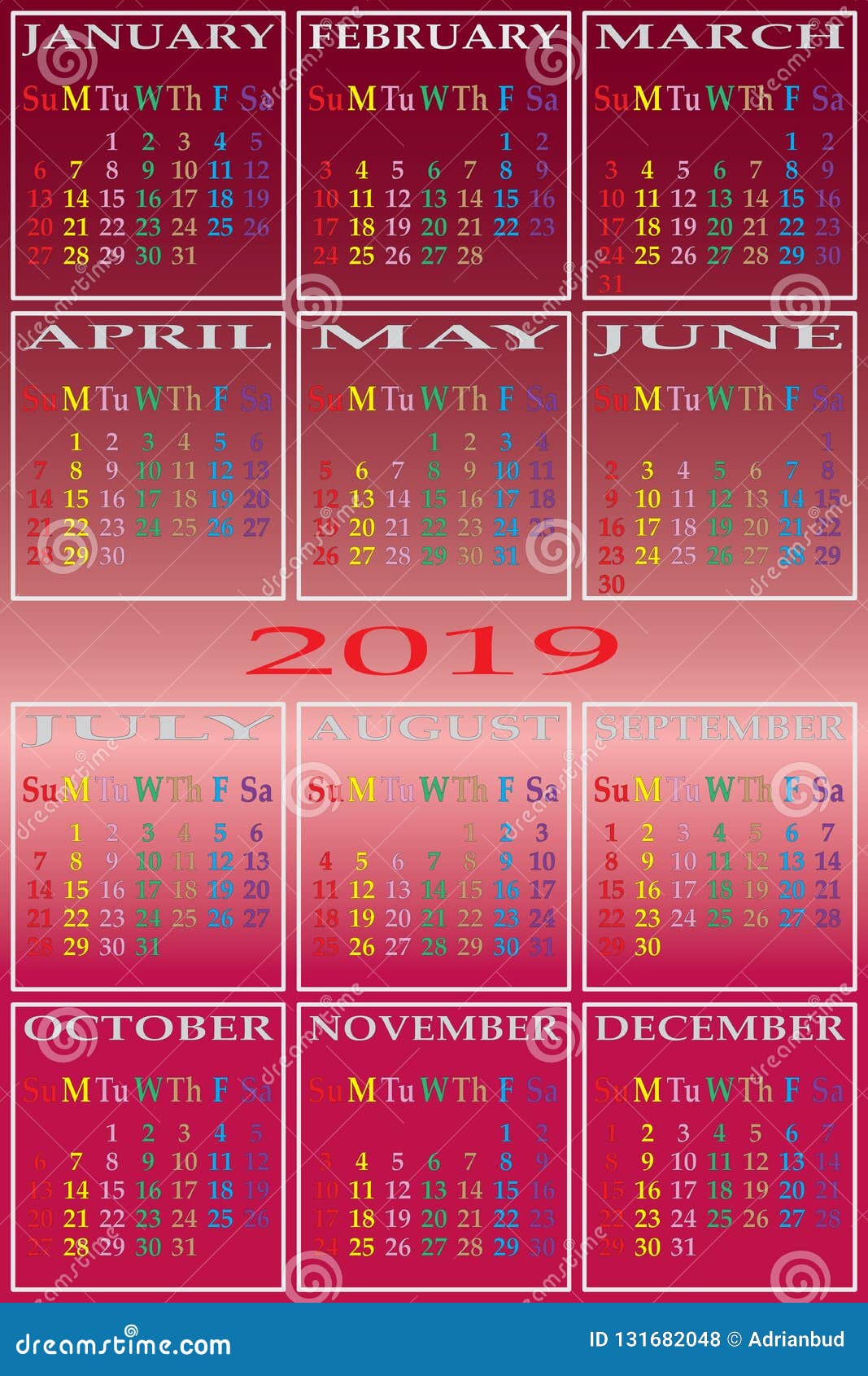 CALENDAR 2019 Color for Each Day of the Week on Year Color Stock Vector ...