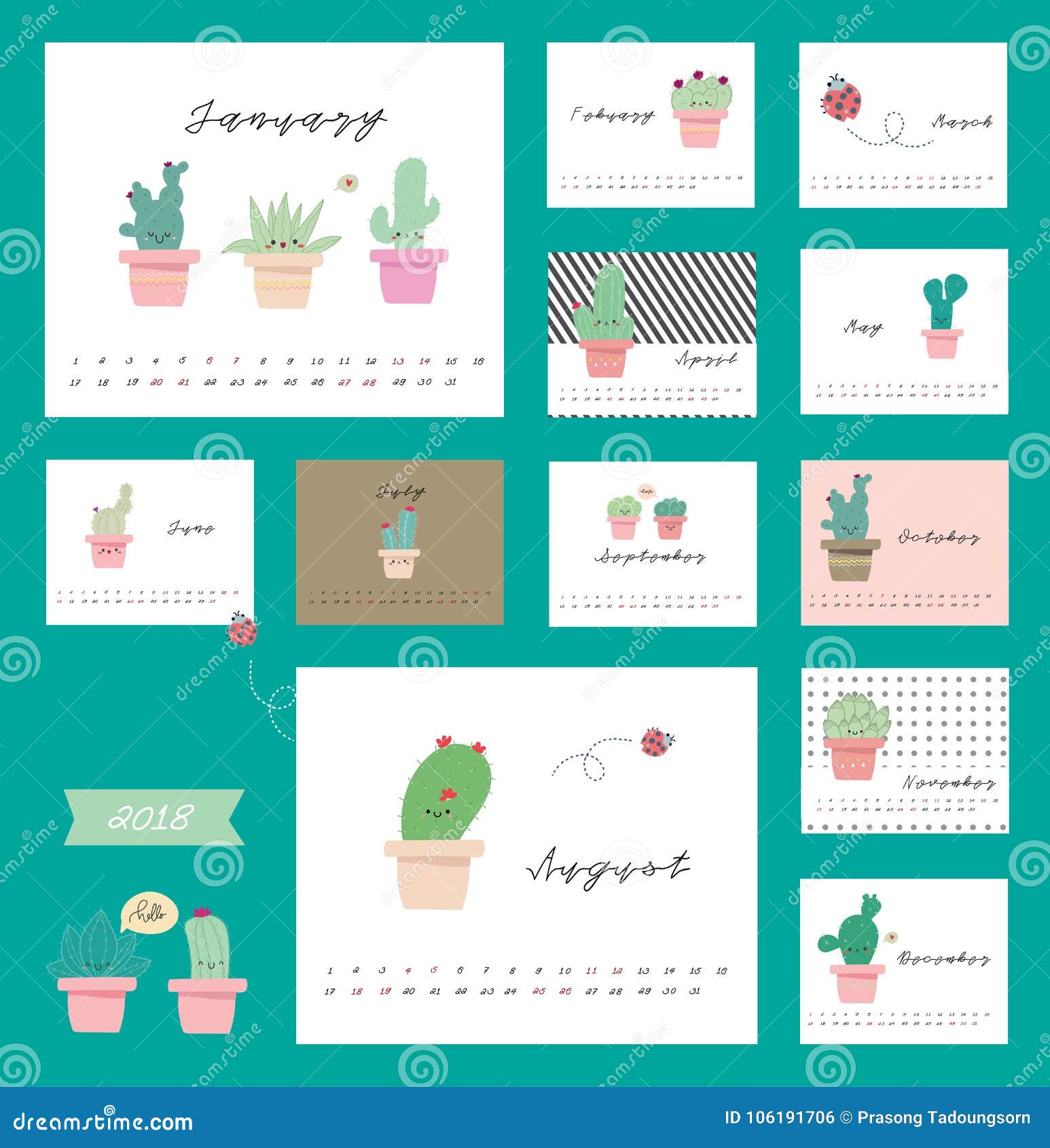 2018 calendar with cactus stock vector. Illustration of drawn - 106191706