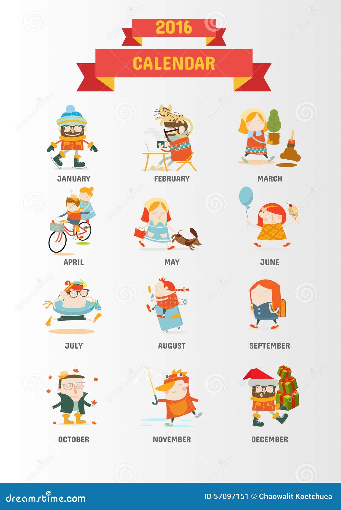 Calendar 2016 with Cute Cartoon Characters Stock Vector - Illustration ...