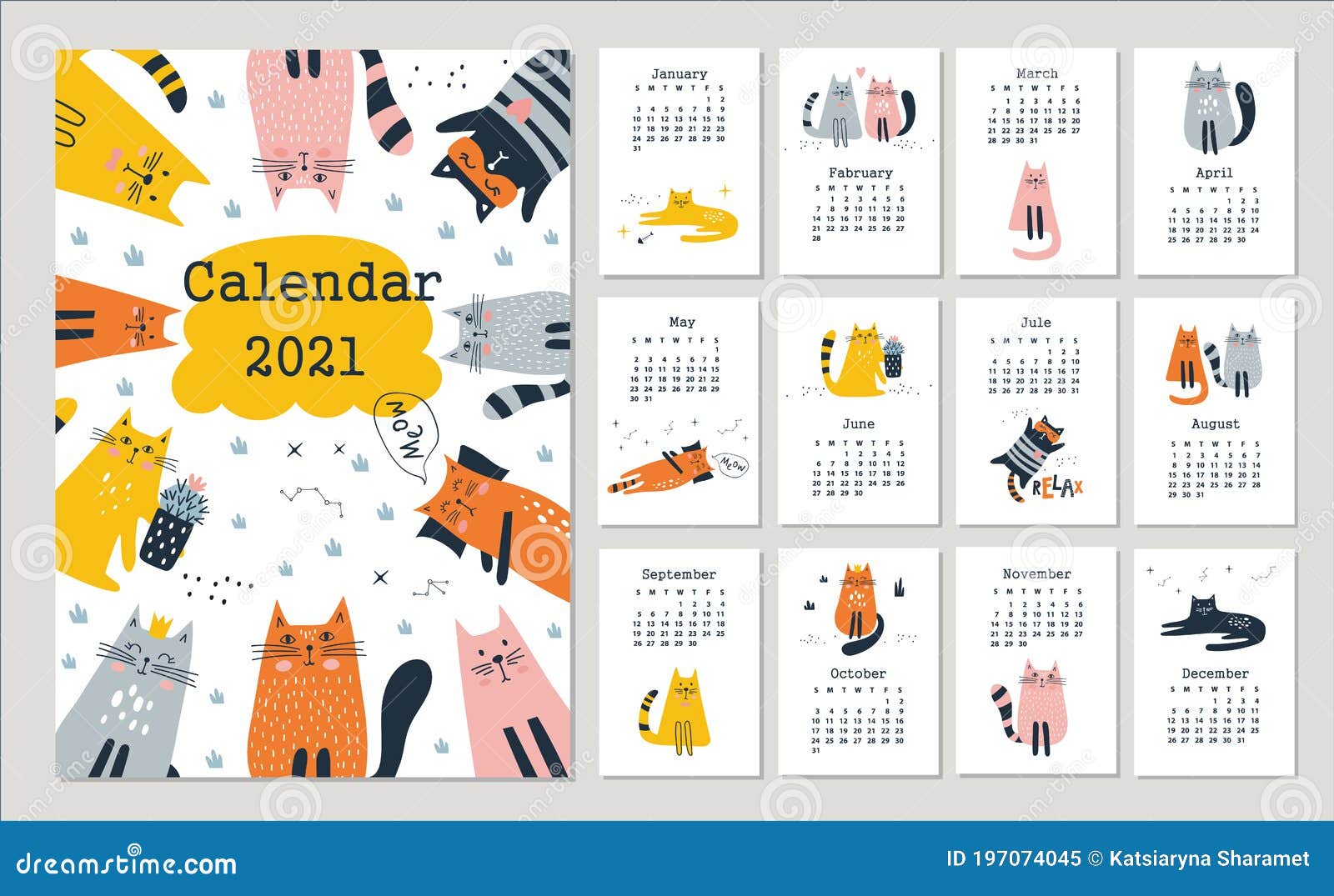 Calendar 2021 with Cute Cats. Hand Drawn Vector Stock Vector ...