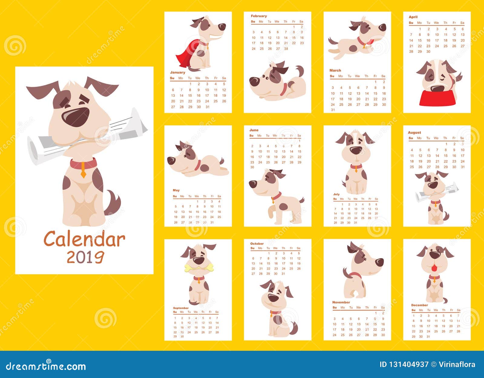Calendar 2019 with Cute Dog Stock Vector - Illustration of collection ...