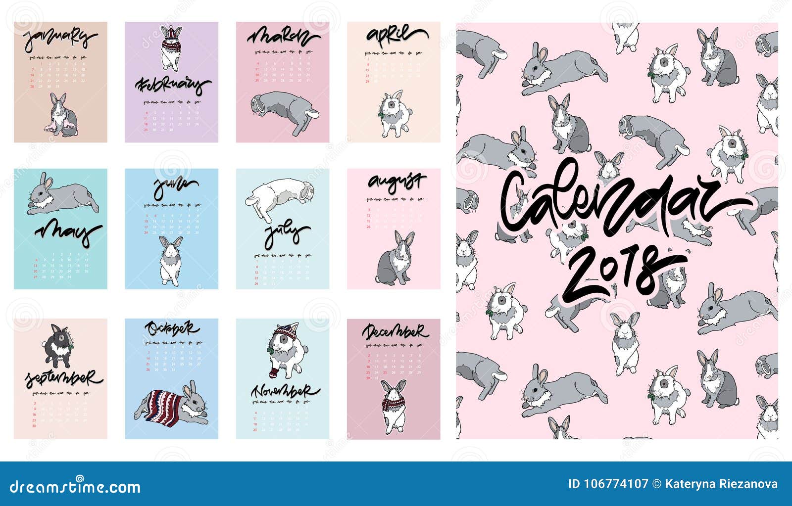 Calendar 2018. Cute Monthly Calendar with Rabbits. Stock Vector ...