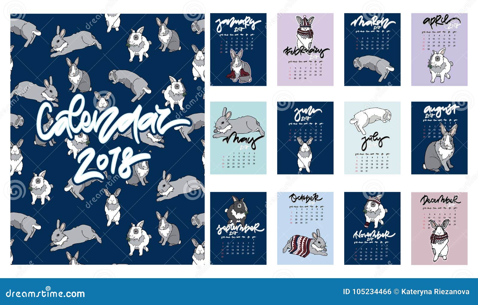 Calendar 2018. Cute Monthly Calendar with Rabbits Stock Vector ...