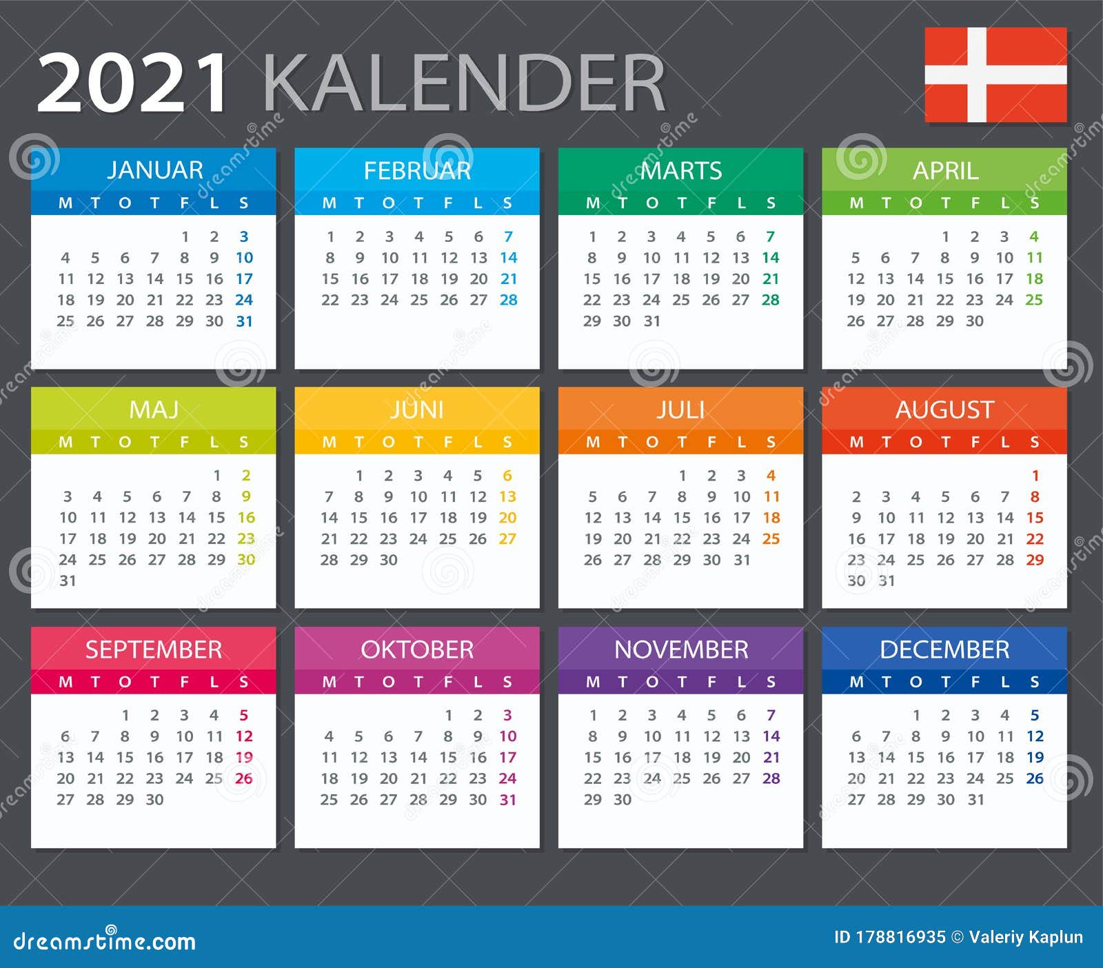 2021 Calendar Danish - Vector Illustration. Danish Version Stock ...