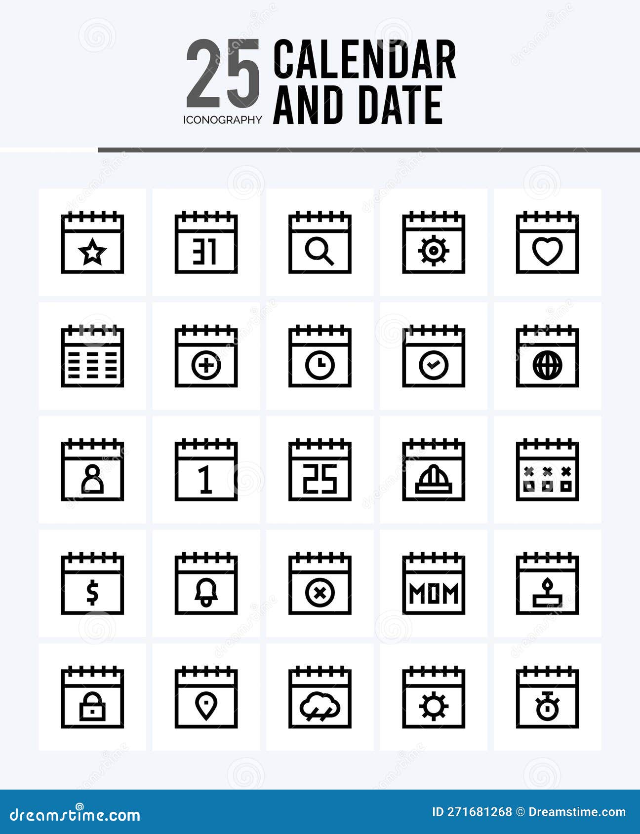 25 Calendar and Date Outline Icons Pack Vector Illustration Stock ...