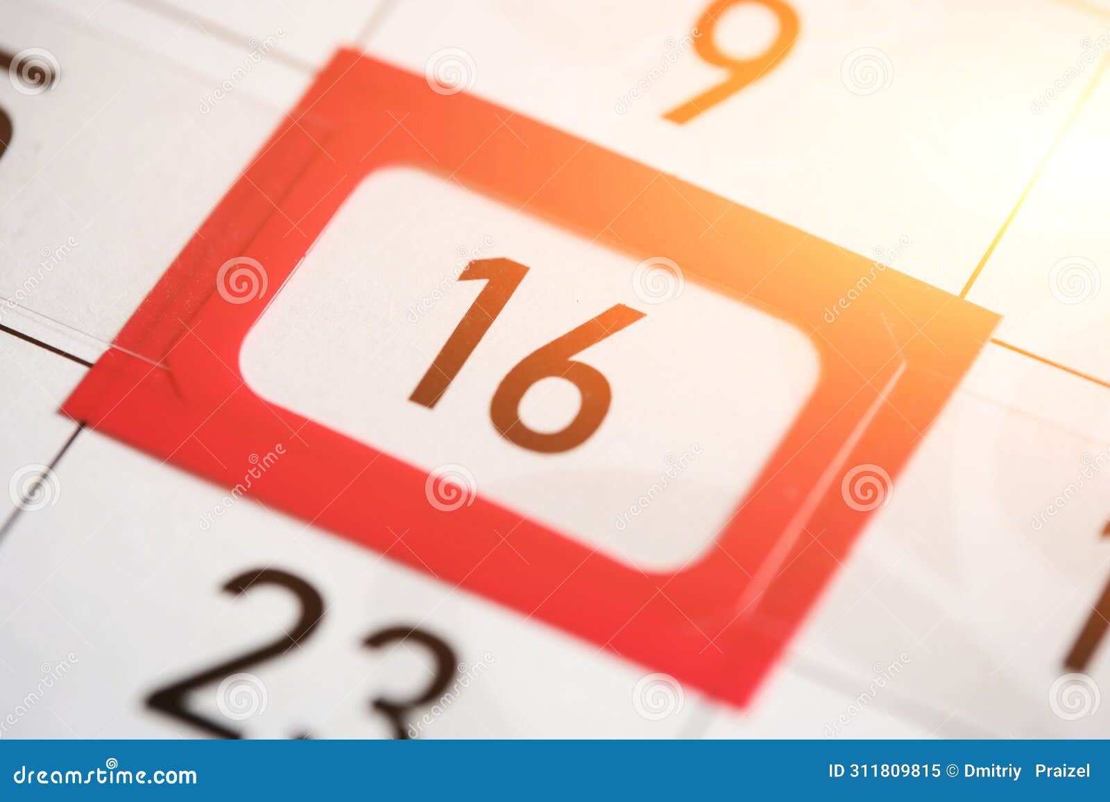 Calendar Date.16th Day of the Calendar is Highlighted with a Red Border ...