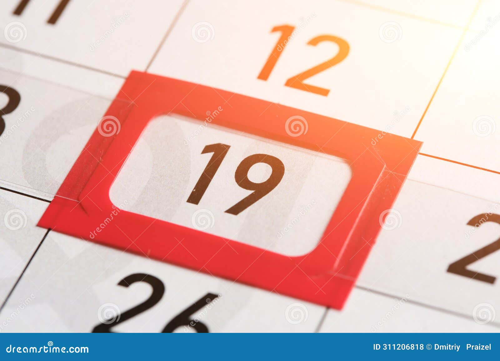Calendar Date.19th Day in the Calendar is Highlighted in a Red Frame ...
