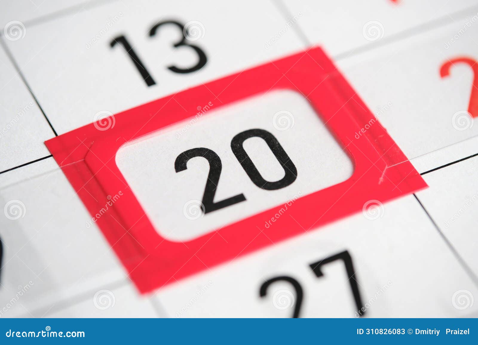 Calendar Date. the 20th Number the Calendar is Highlighted in a Red ...