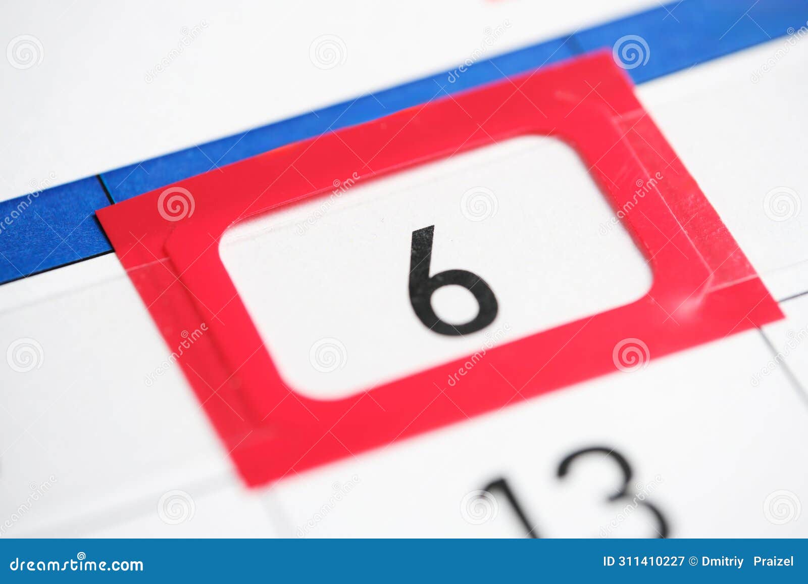 Calendar Date. the 6th Number the Calendar is Highlighted in a Red ...