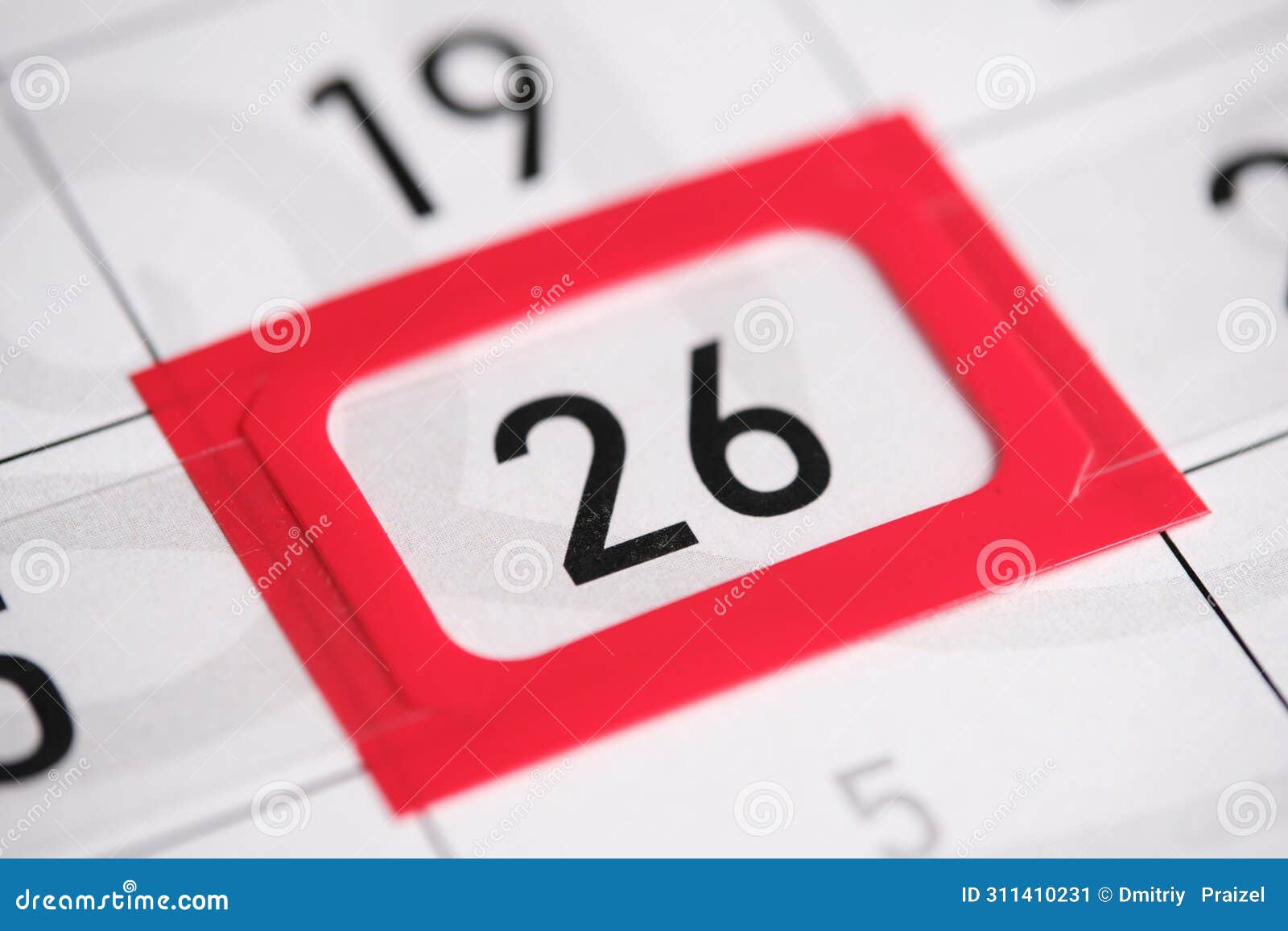 Calendar Date. the 26th Number the Calendar is Highlighted in a Red ...