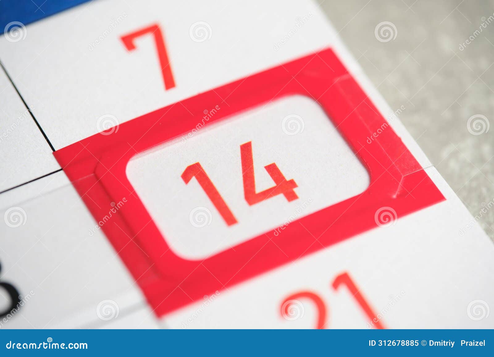 Calendar Date. the 14th Number the Calendar is Highlighted in a Red ...