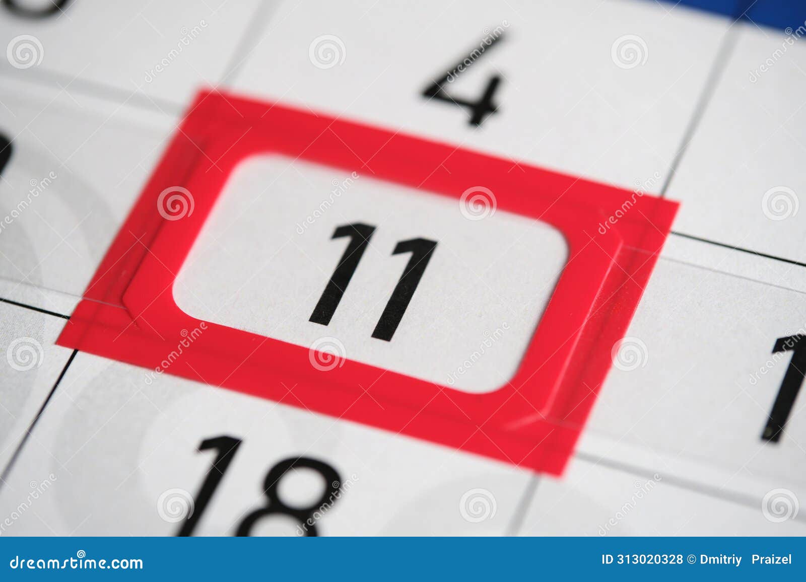 Calendar Date. the 11th Number the Calendar is Highlighted in a Red ...