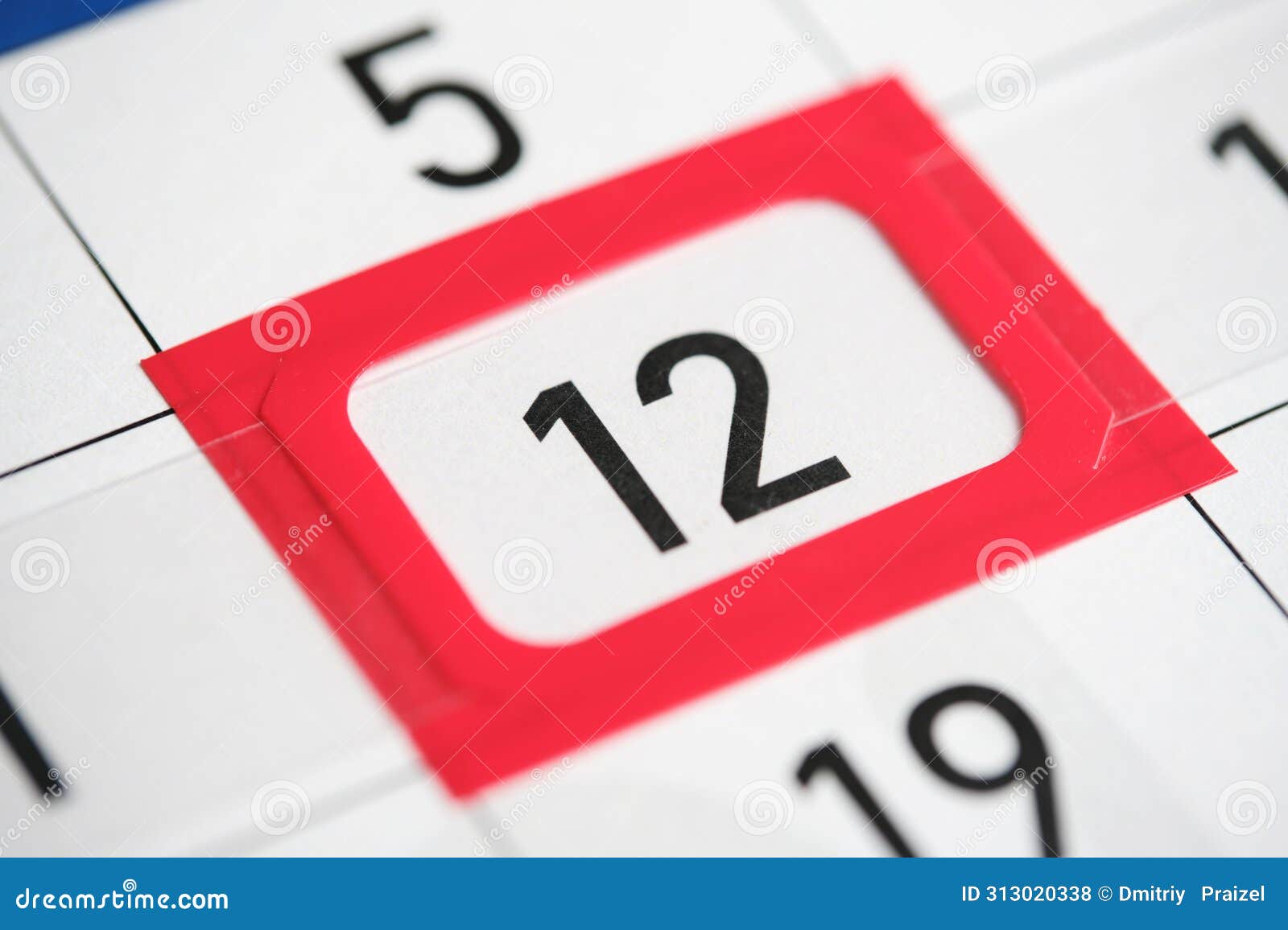 Calendar Date. the 12th Number the Calendar is Highlighted in a Red ...
