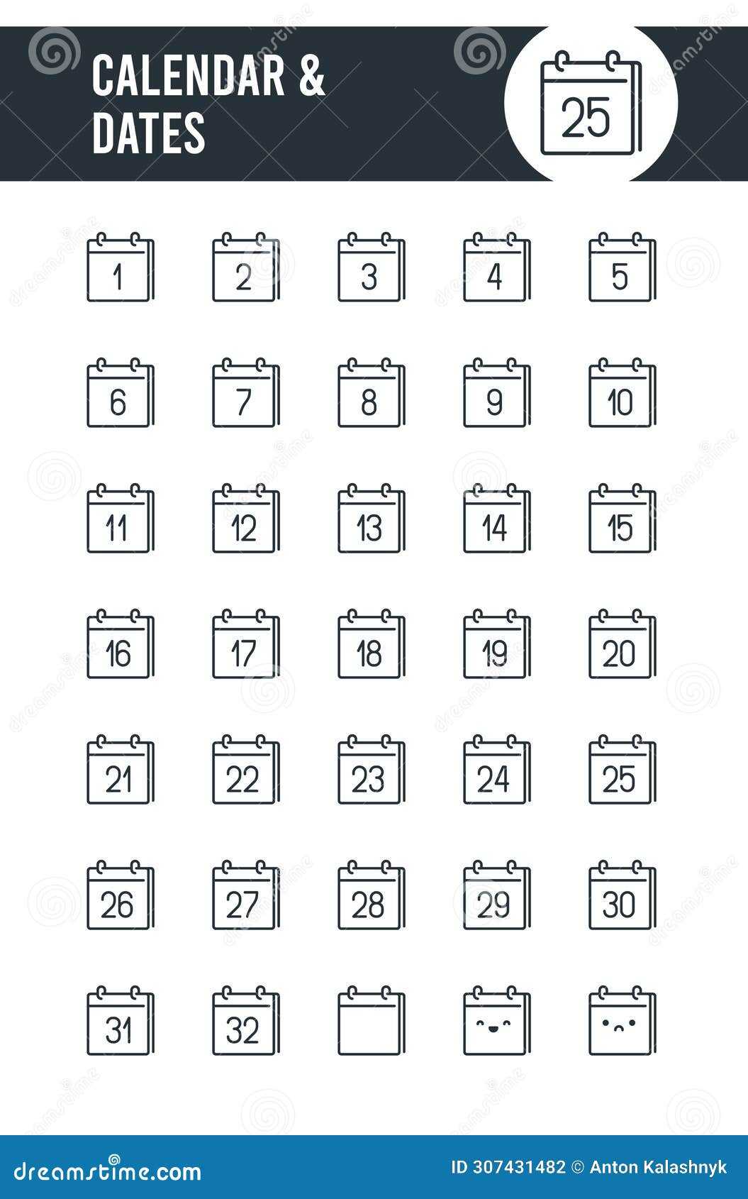 Calendar and Dates Outline Icons Stock Vector - Illustration of month ...
