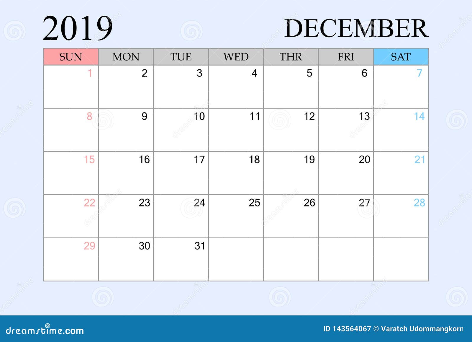 2019 Calendar, December, Schedule Planner, Organizer, Weeks Start from ...
